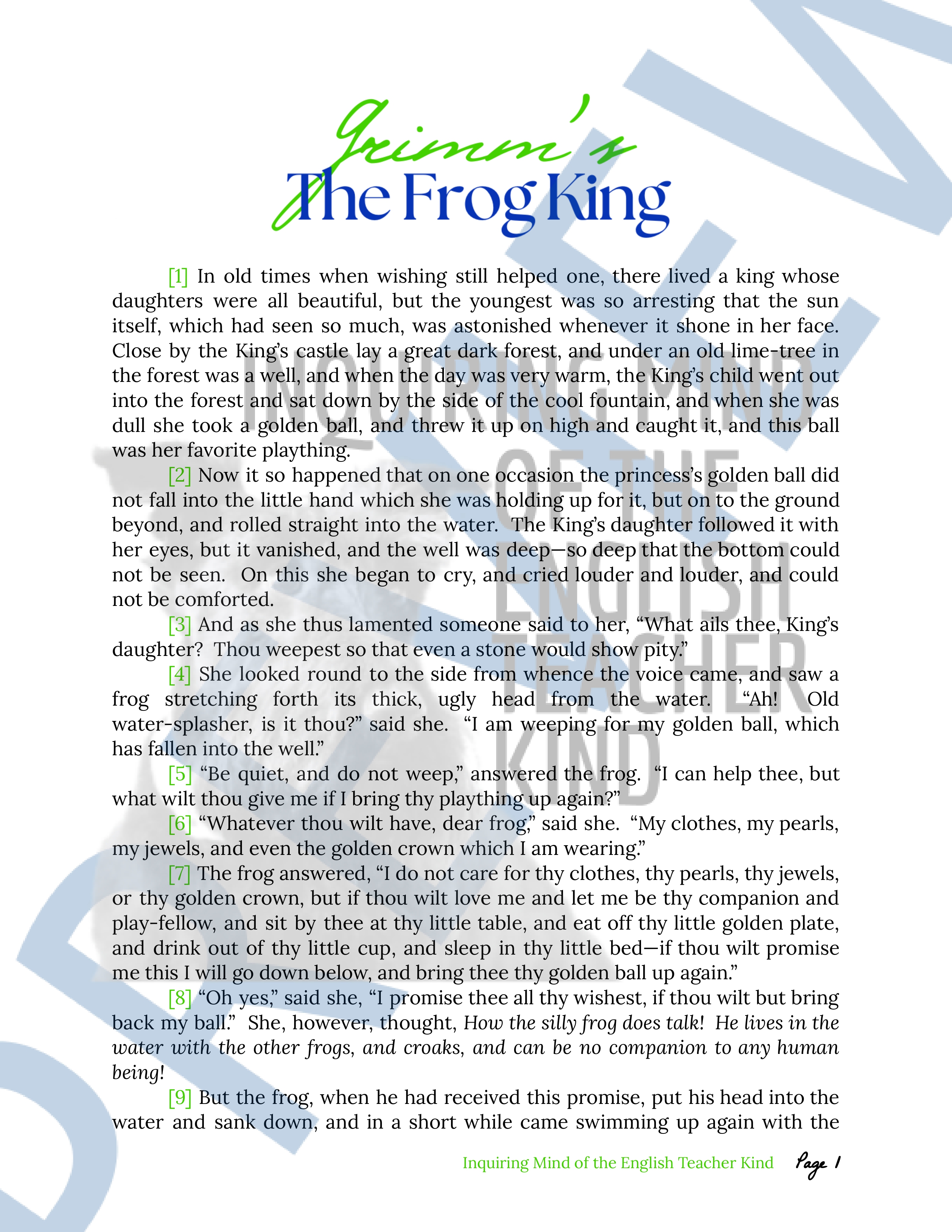 "The Frog King" Quiz and Answer Key | Brothers Grimm Fairy Tale ...