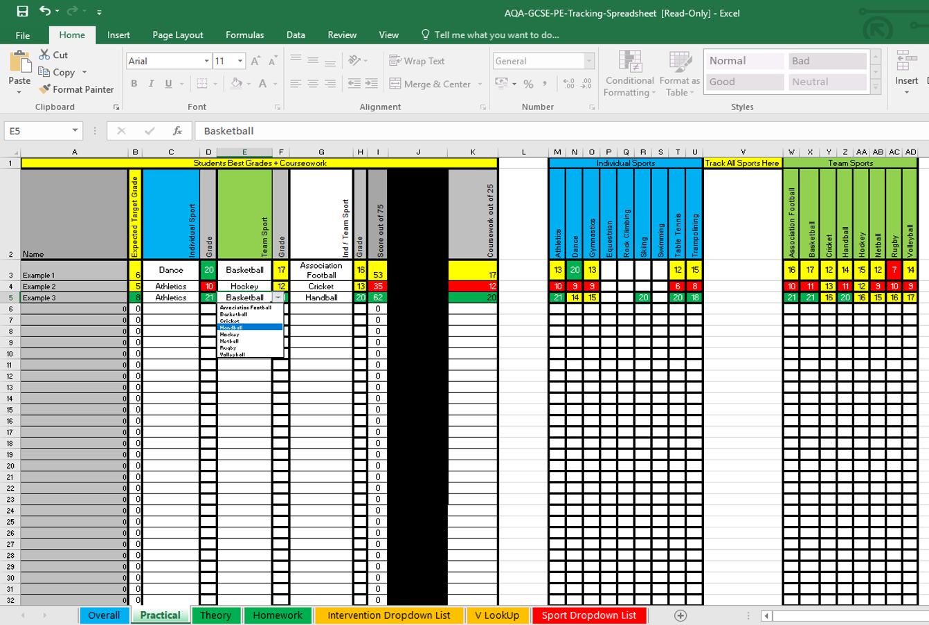 AQA GCSE PE Interactive Data Tracking Assessment Spreadsheet Teaching