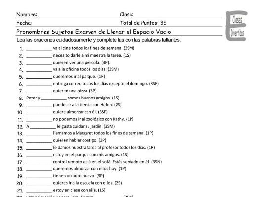 Subject Pronouns Spanish Fill In The Blanks Exam Teaching Resources