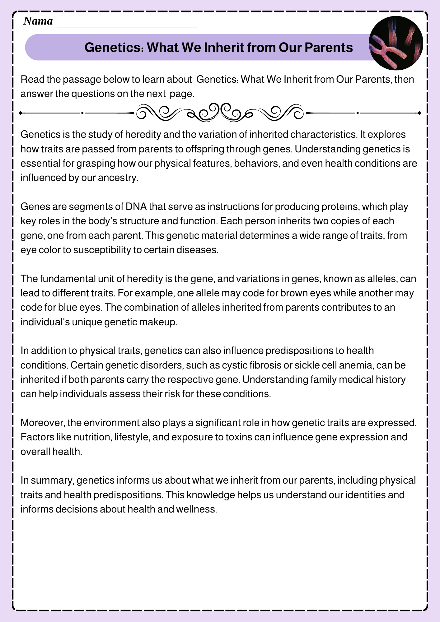 Genetics: What We Inherit from Our Parents - Reading Comprehension ...