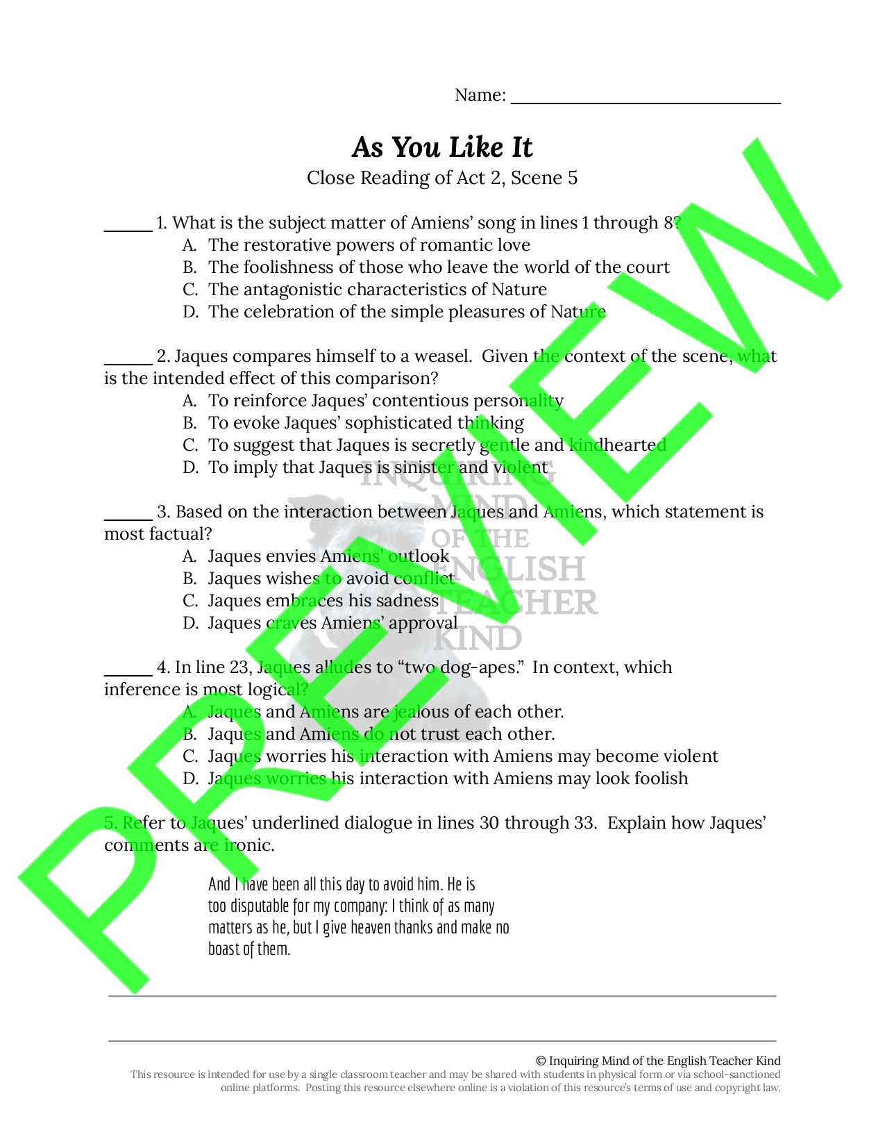 As You Like It Act 2 Scene 5 Close Reading Worksheet | Teaching Resources