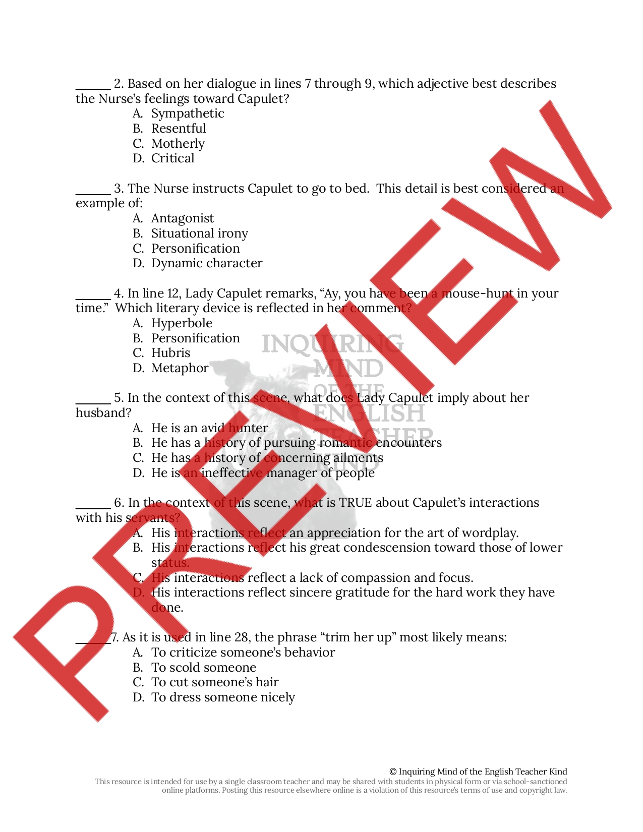 Romeo and Juliet Act 4 Scene 4 Close Reading Worksheet | Teaching Resources