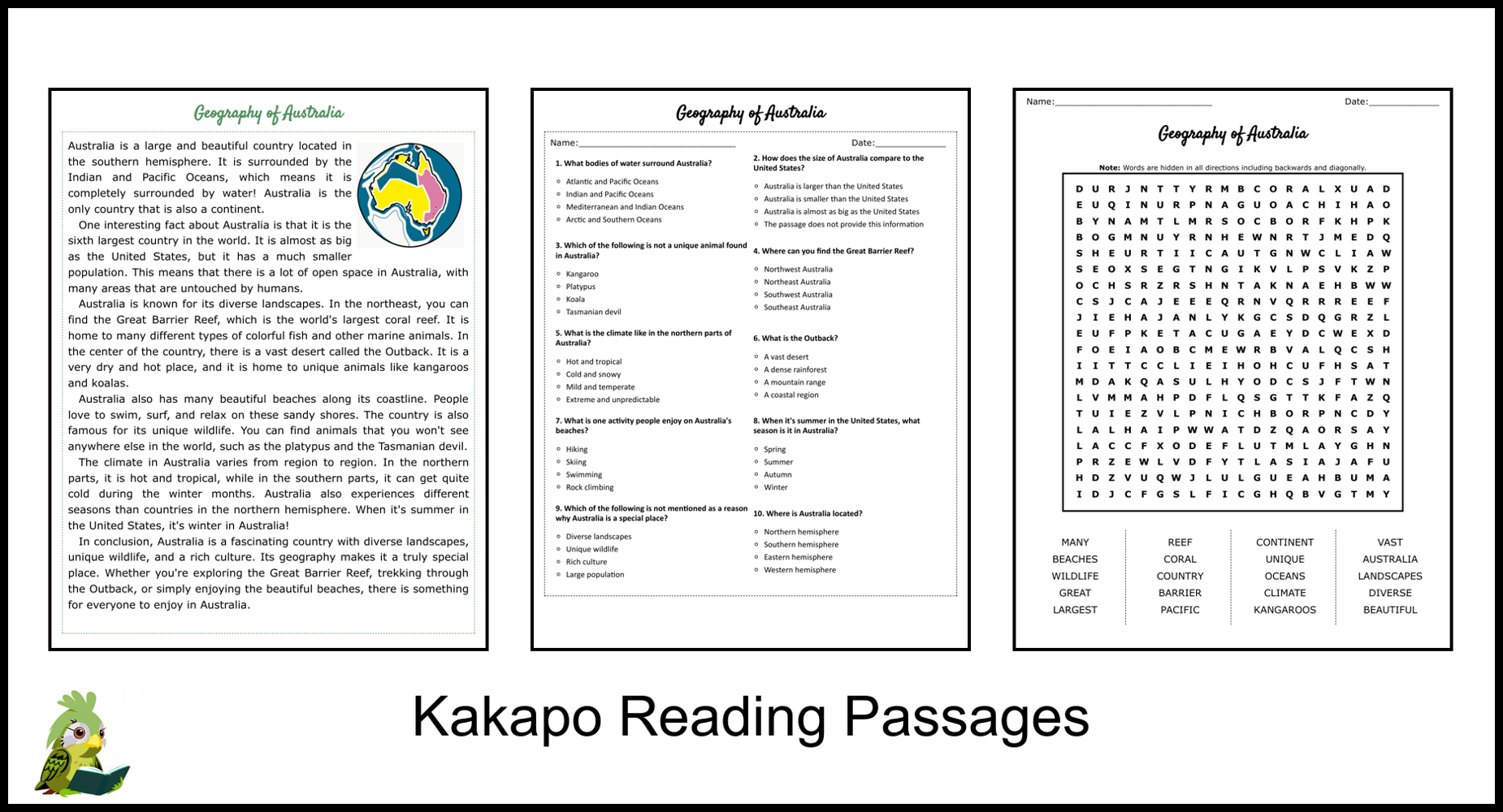Geography of Australia Reading Comprehension and Word Search | Teaching ...