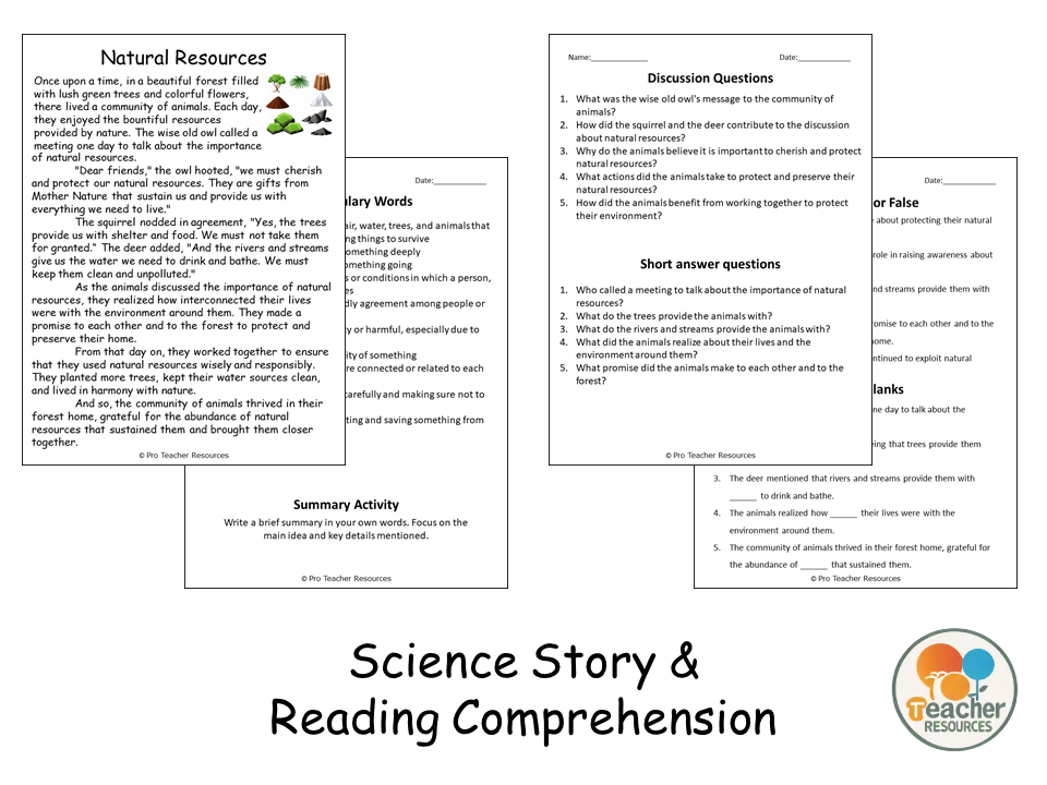 Natural Resources Reading Science Story Comprehension Questions ...