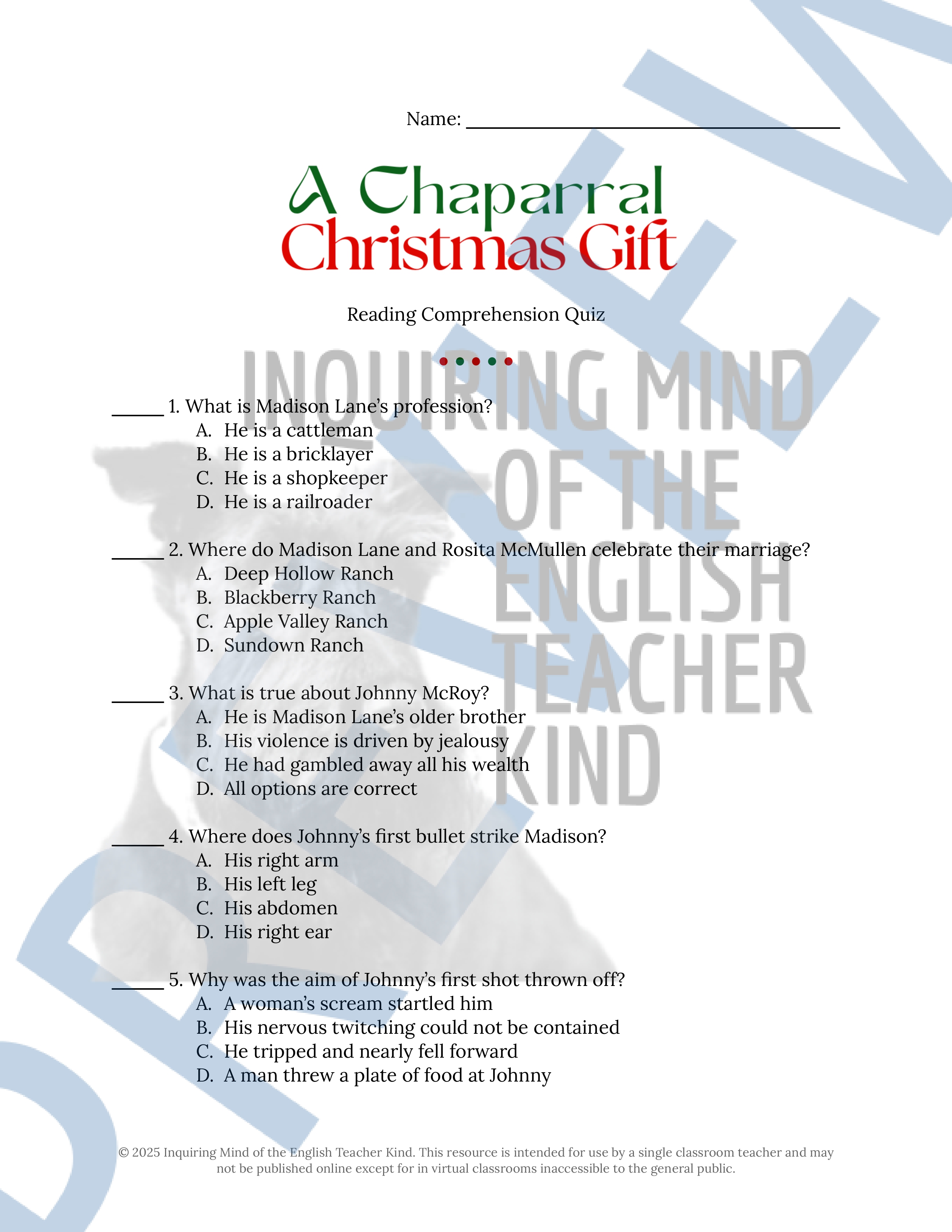 "A Chaparral Christmas Gift" by O. Henry Quiz and Answer Key | Winter ...