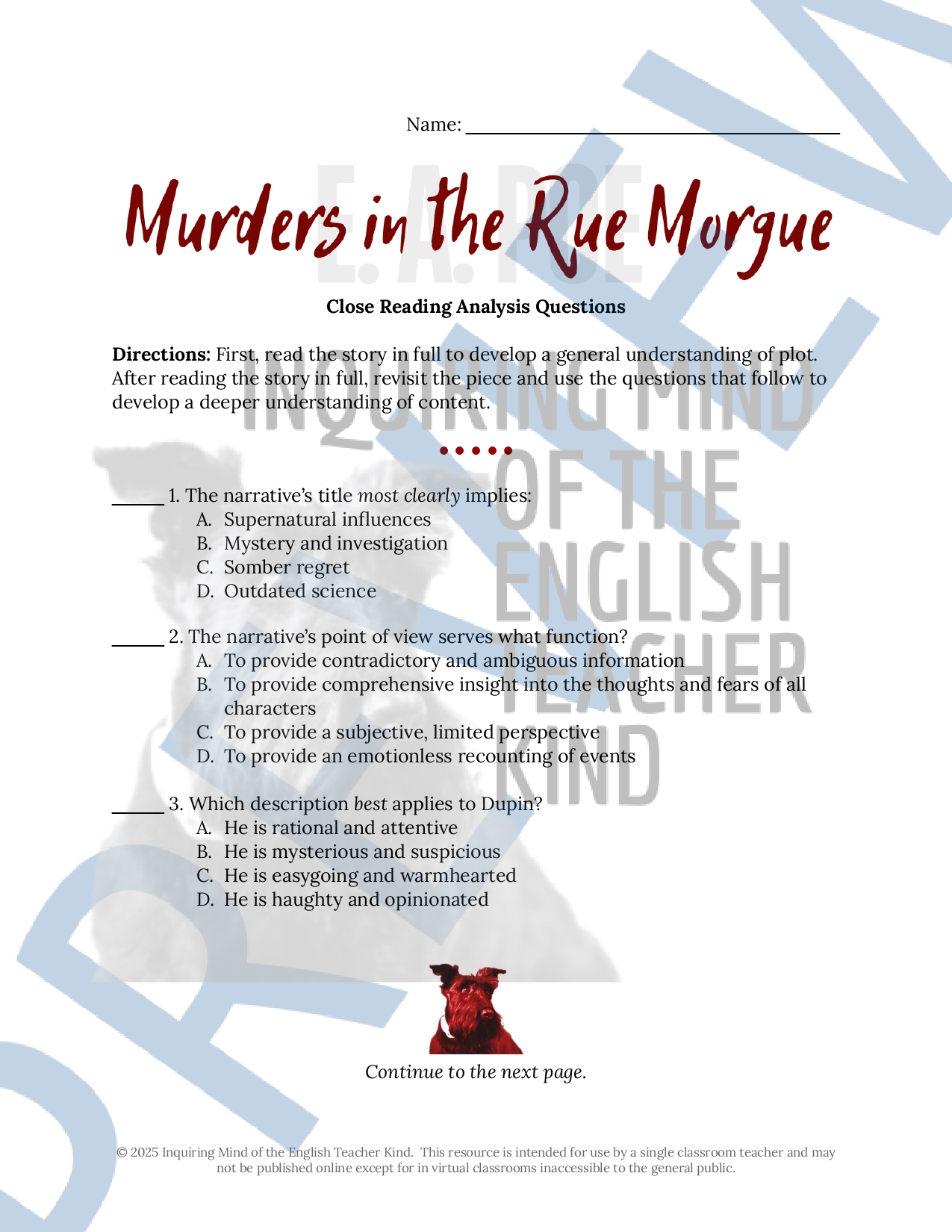 "The Murders in the Rue Morgue" Close Reading Analysis Worksheet ...