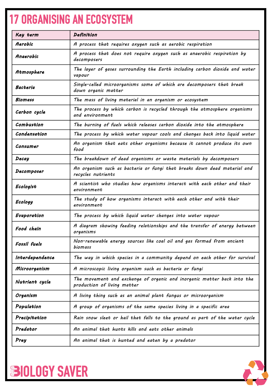 GCSE Biology Glossary - 17 Organising an Ecosystem | Teaching Resources