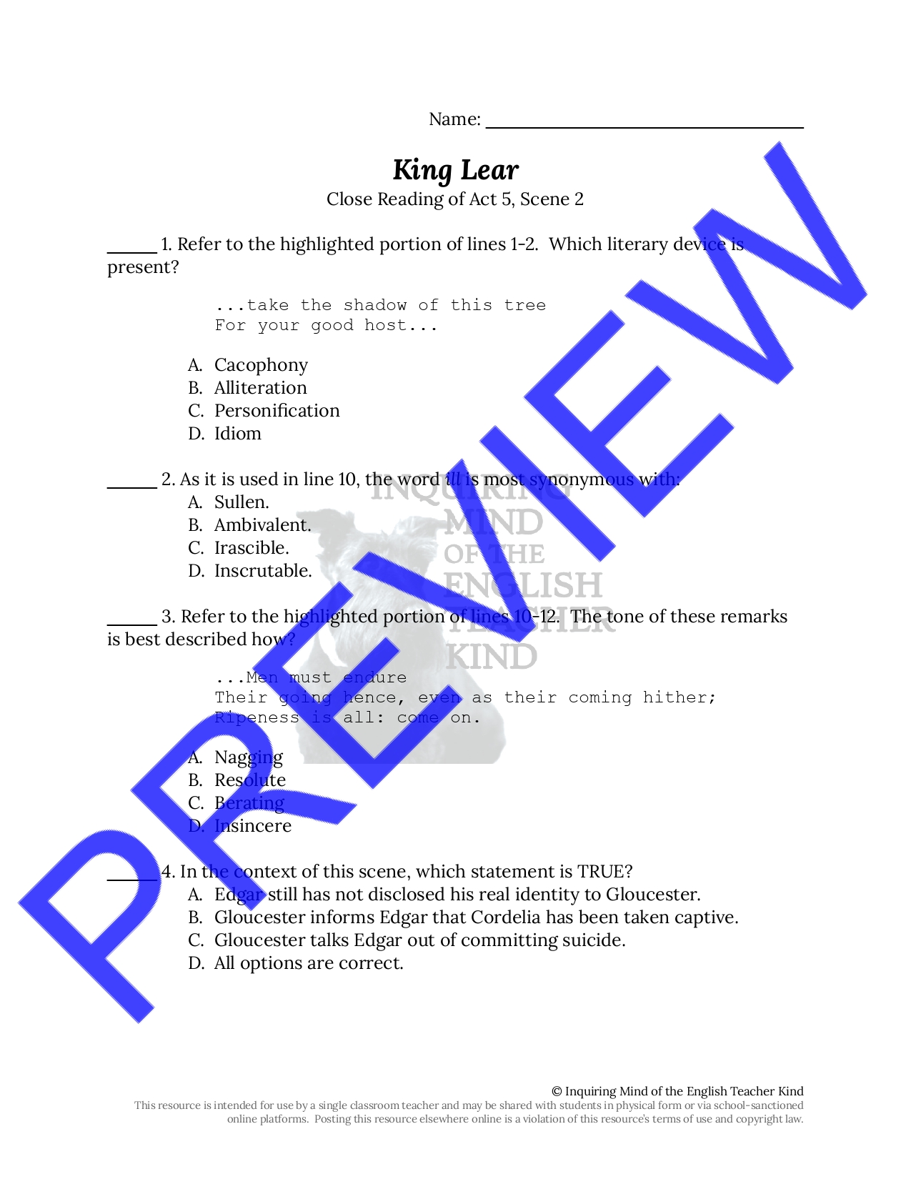 King Lear Act 5 Scene 2 Close Reading Worksheet | Teaching Resources