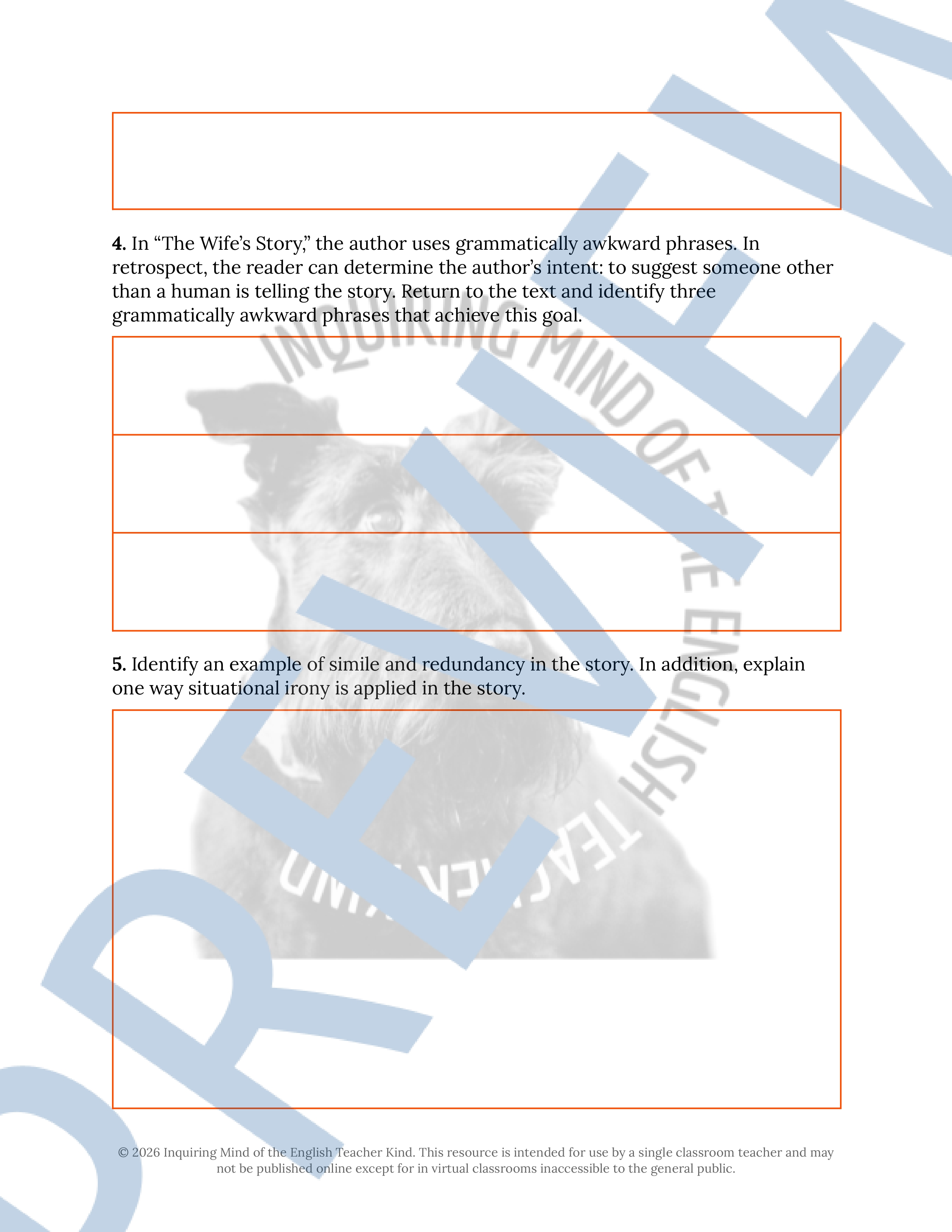 "The Wife's Story" by Ursula K. Le Guin Literary Craft Worksheet for ...