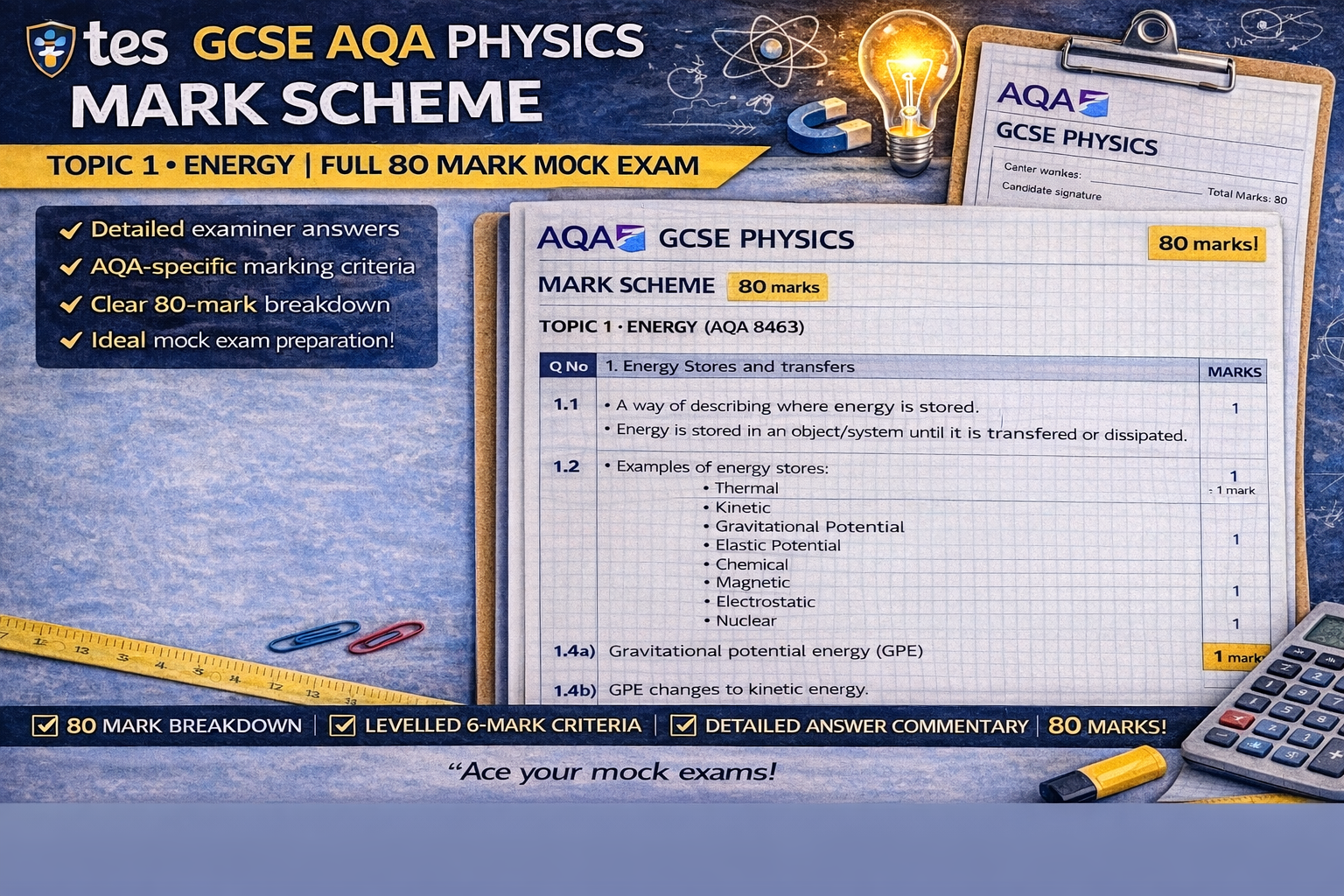 GCSE AQA Physics Energy Topic Pack – Revision, Worksheets, 1–6 Mark ...
