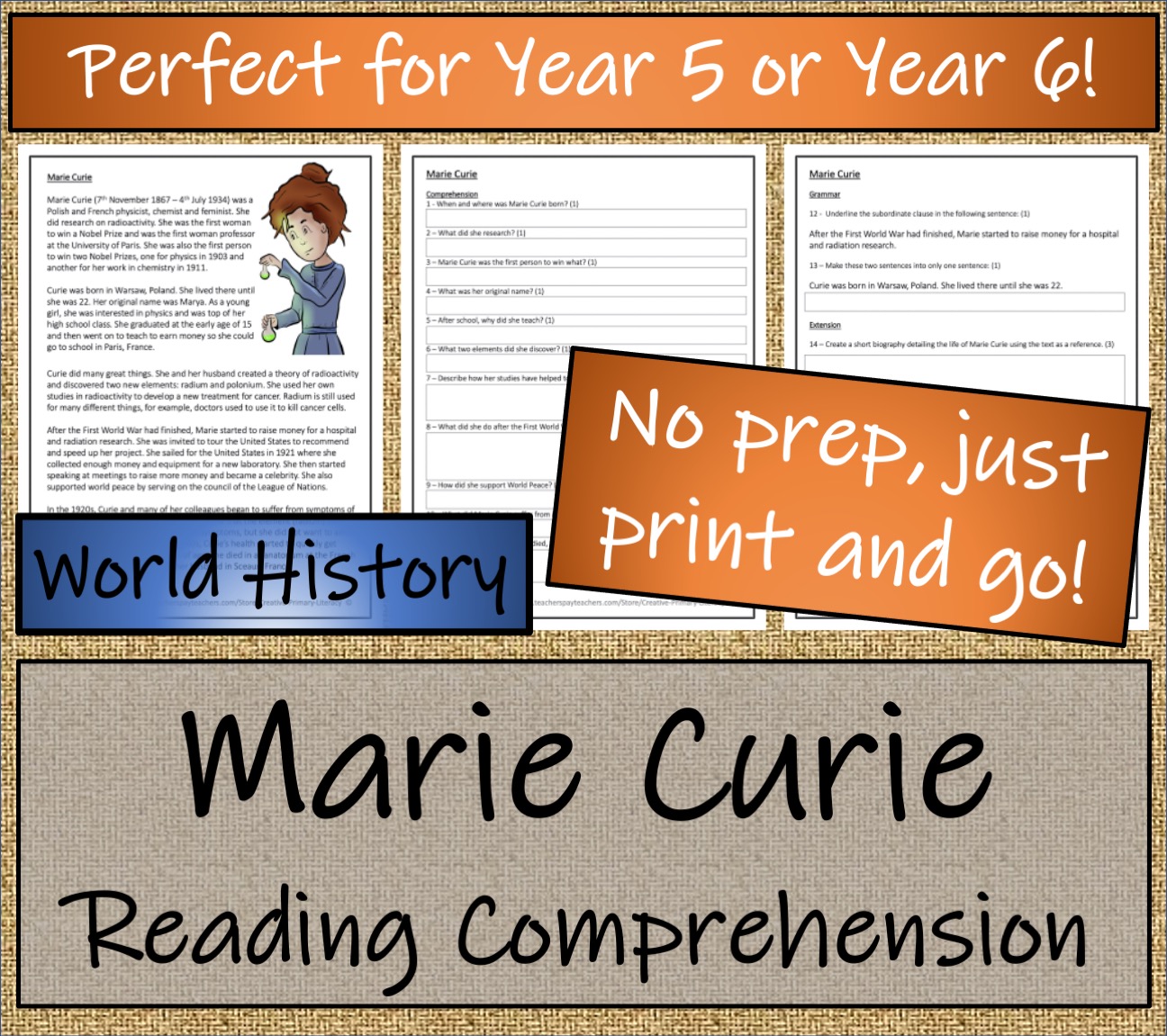 Uks2 Marie Curie Reading Comprehension Teaching Resources