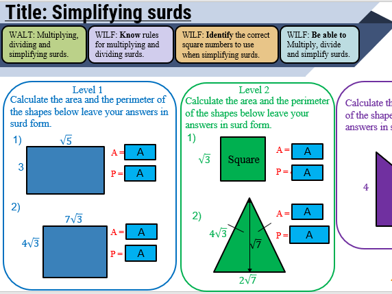 Simplifying surds lesson | Teaching Resources