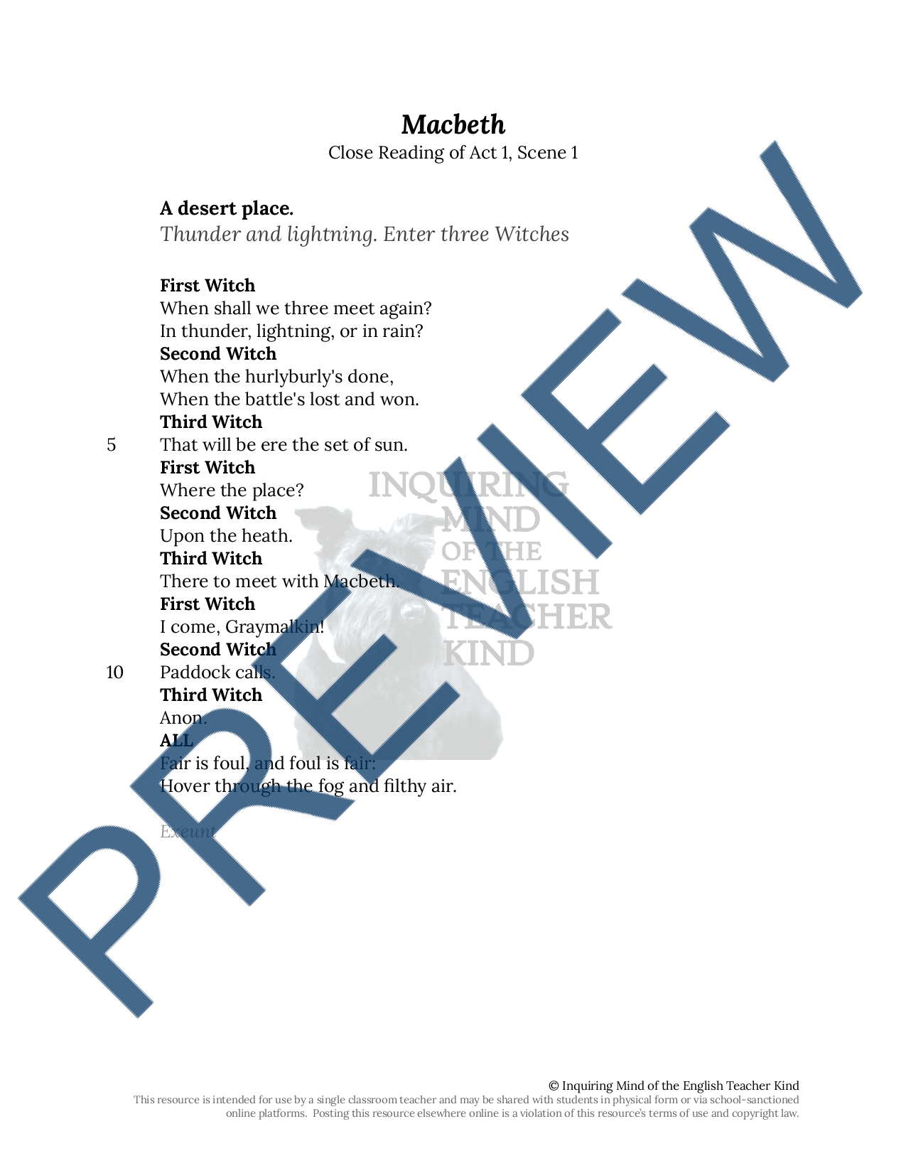 Macbeth Act 1 Scene 1 Close Reading Worksheet | Teaching Resources