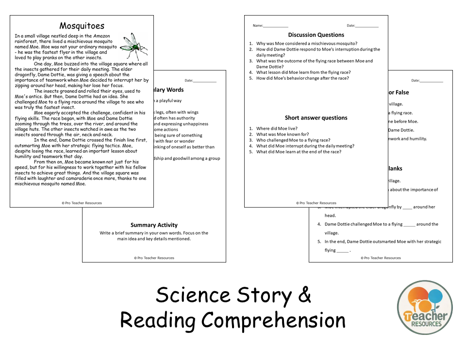 Mosquitoes Reading Science Story Comprehension Questions Worksheet ...
