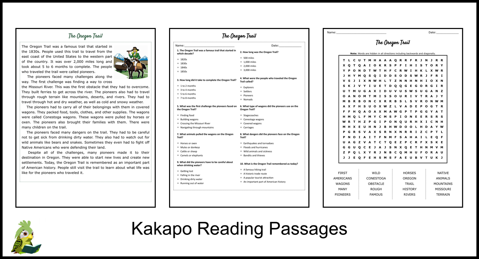 The Oregon Trail Reading Comprehension and Word Search | Teaching Resources