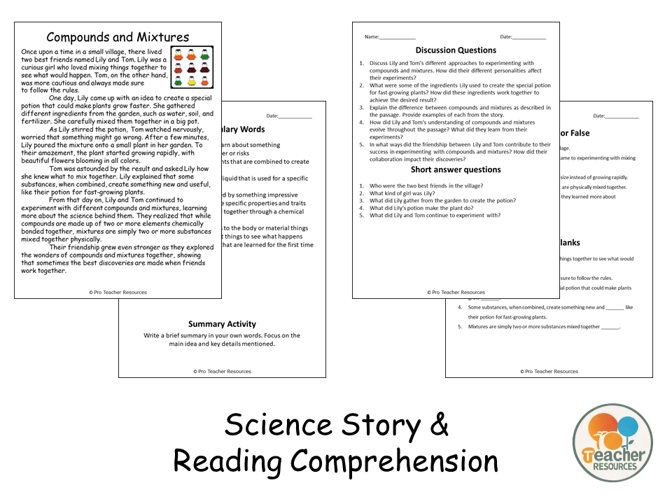 Compounds and Mixtures Reading Science Story Comprehension Questions ...