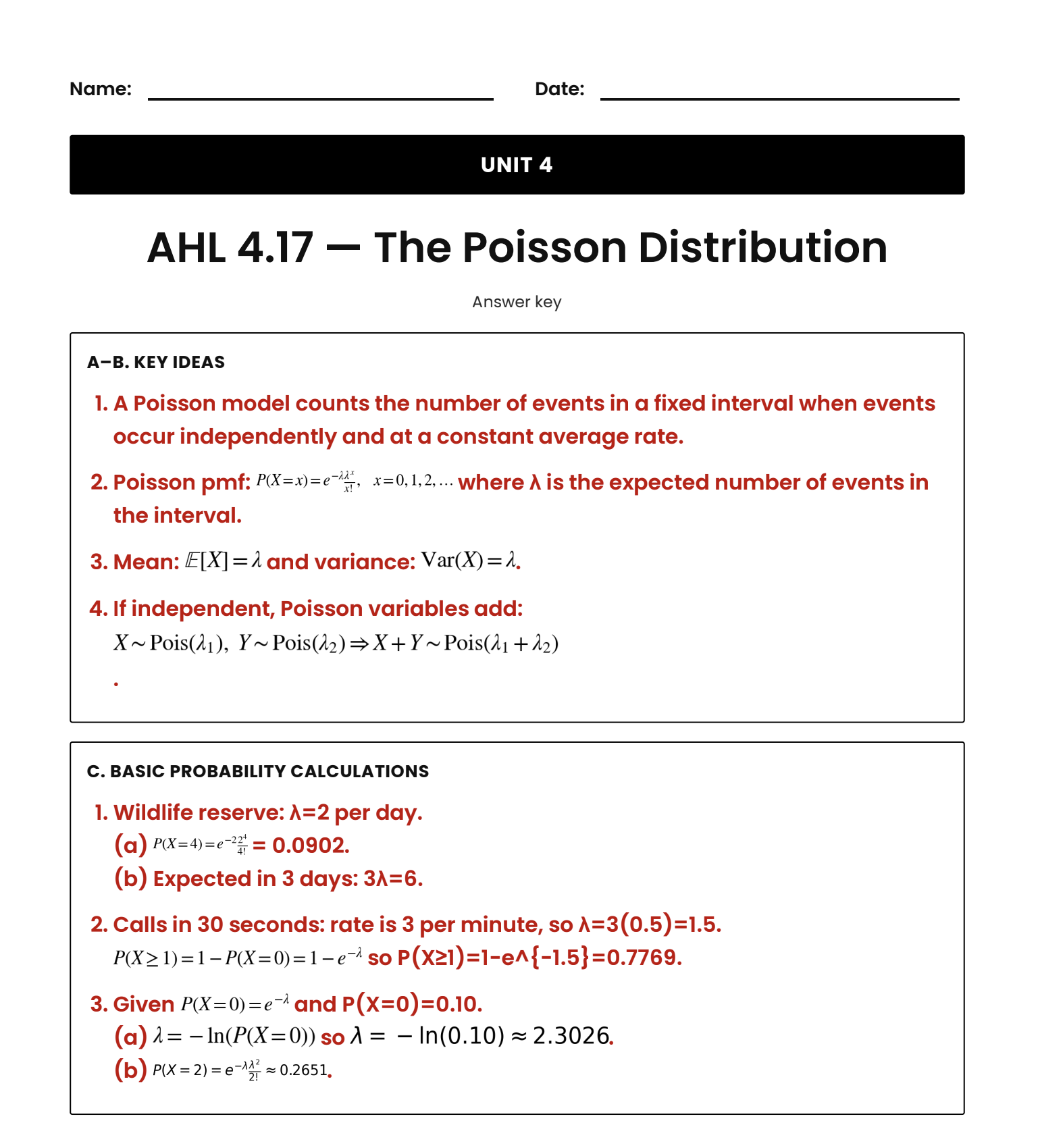 IB Math AI Worksheet AHL 4.17 - The Poisson Distribution | Teaching ...