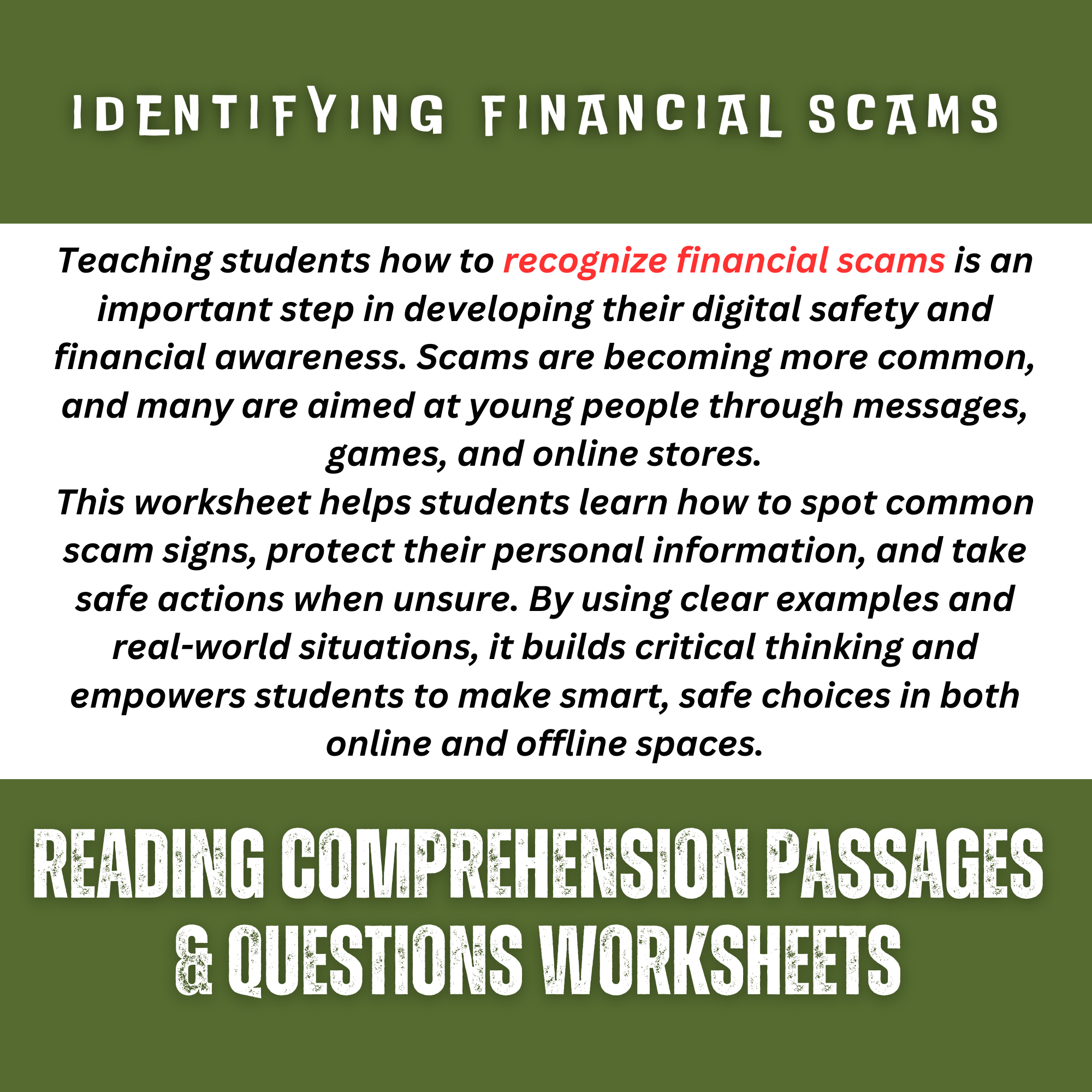 Identifying Financial Scams - Economics Reading Worksheet | Teaching ...