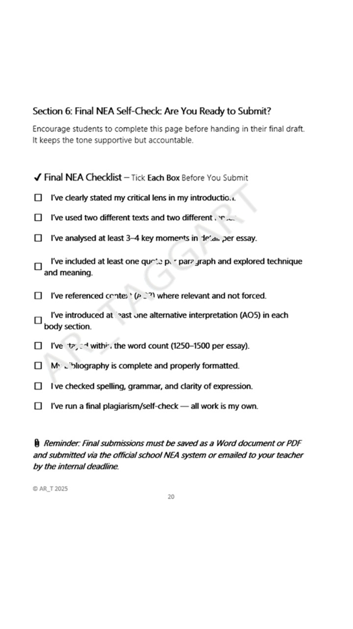 AQA A LEVEL NEA | WORKBOOK+ PLAN | LIT B | Teaching Resources