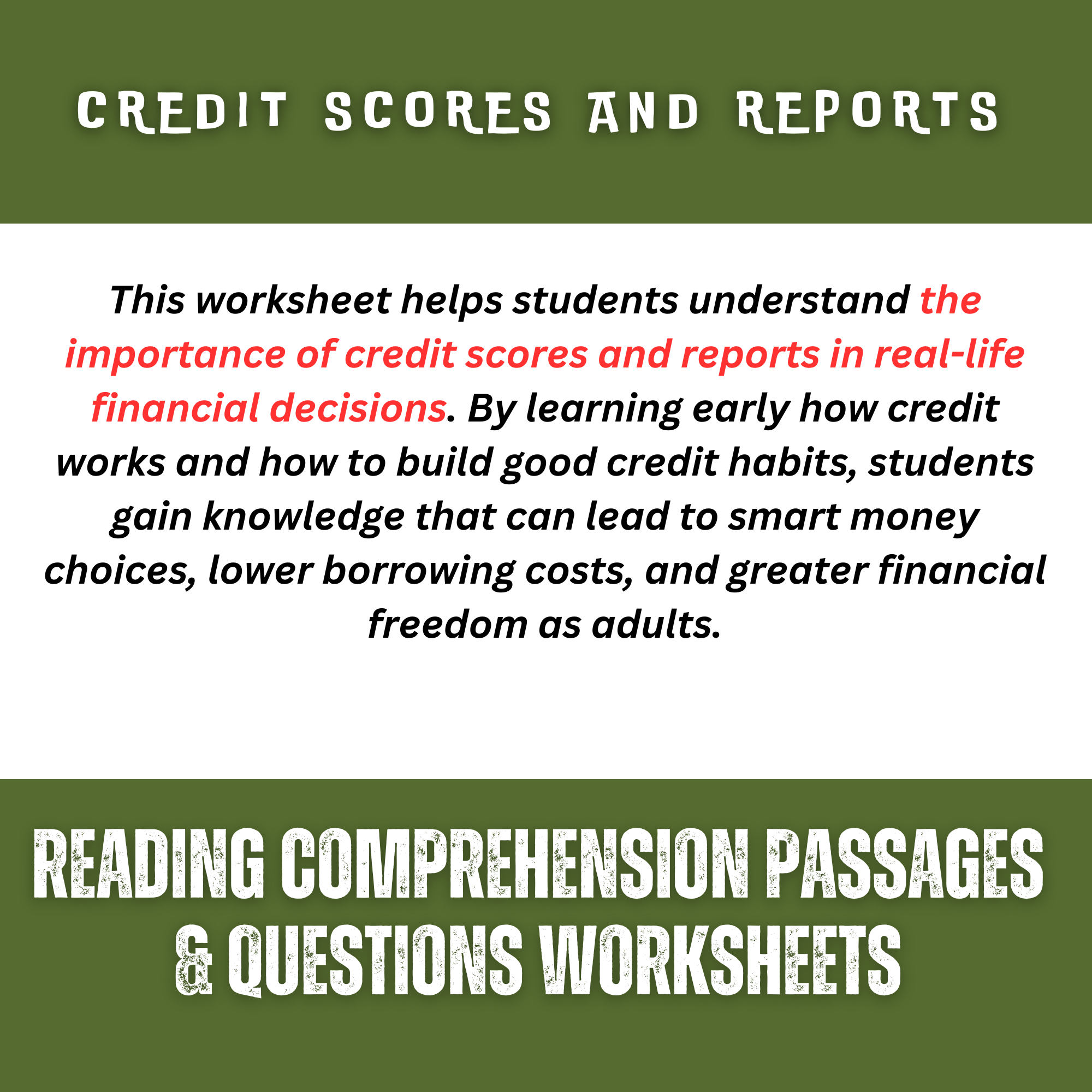 Credit Scores and Reports - Economics Reading Worksheet | Teaching ...