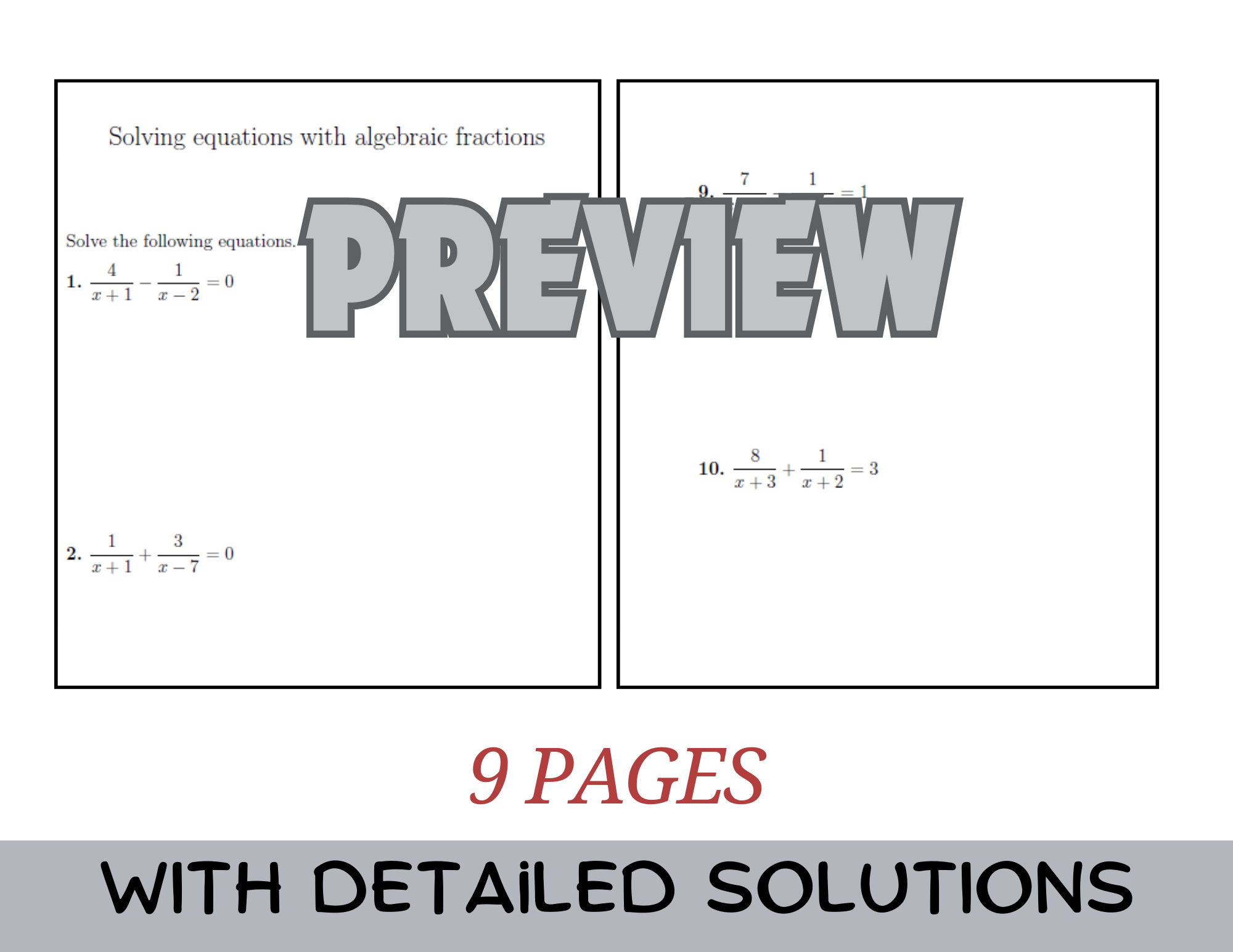 Solving equations with algebraic fractions worksheet (with solutions ...