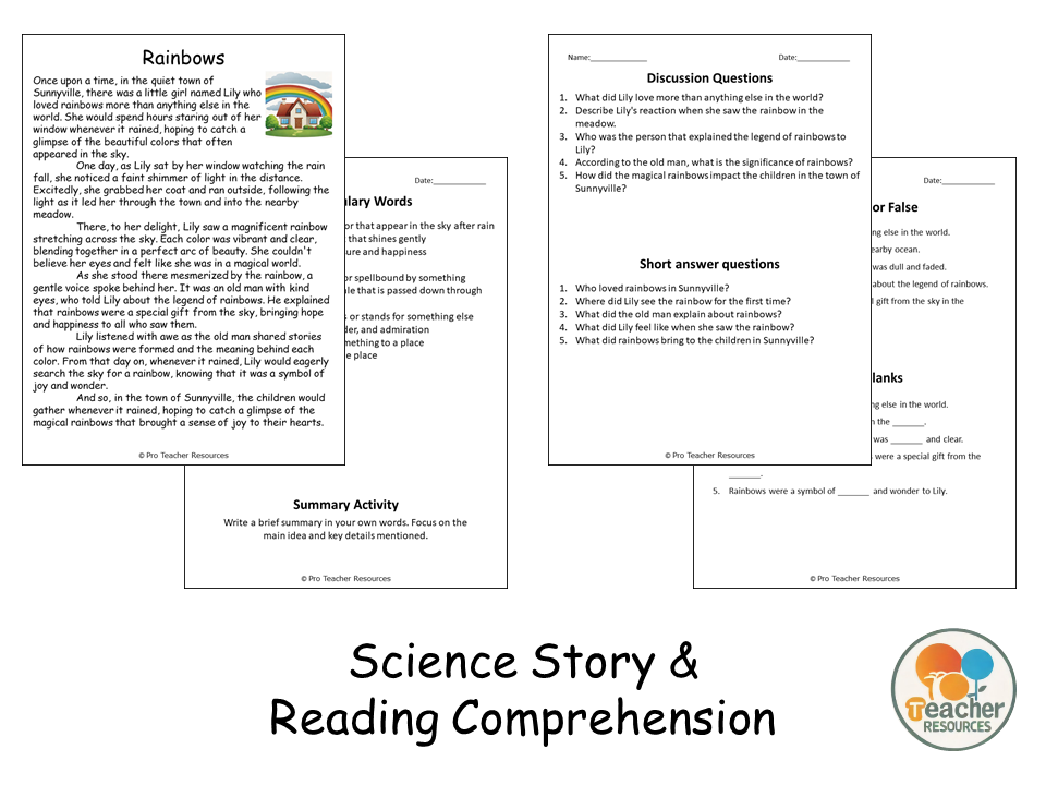 Rainbows Reading Science Story Comprehension Questions Worksheet ...