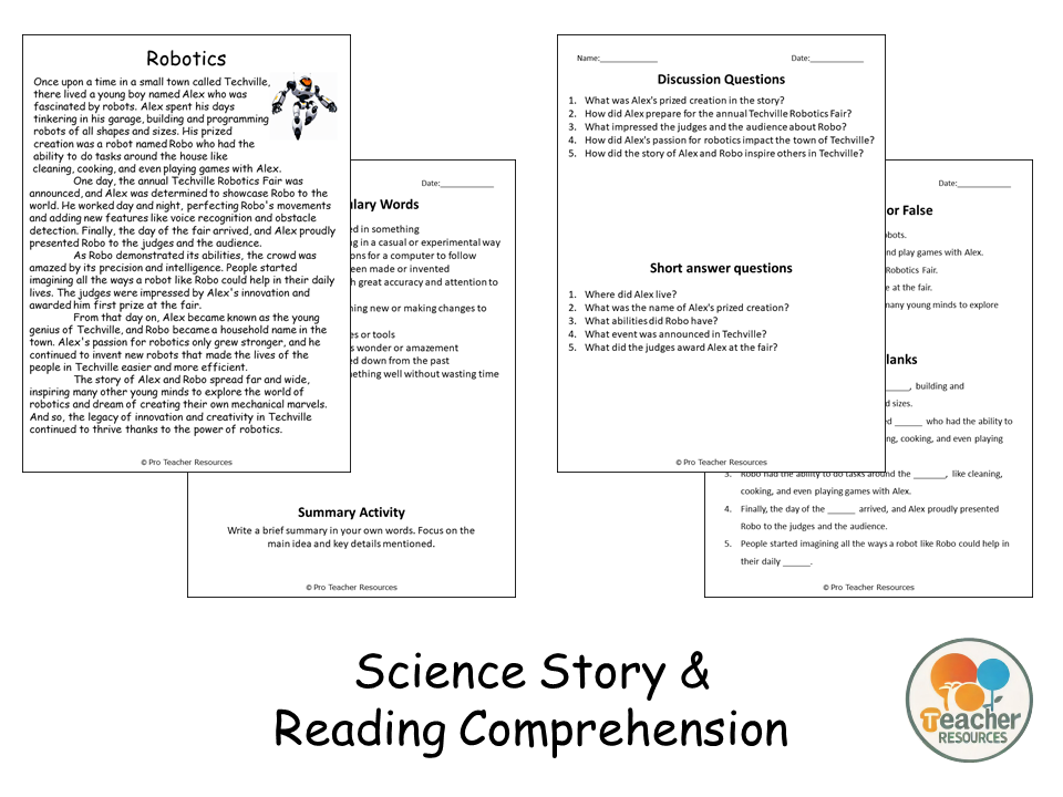 Robotics Reading Science Story Comprehension Questions Worksheet ...