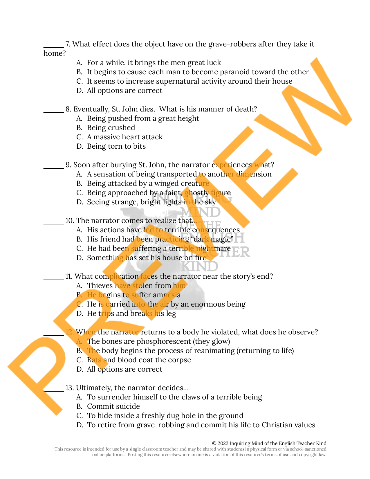 “The Hound” by H.P. Lovecraft Quiz and Answer Key | Teaching Resources