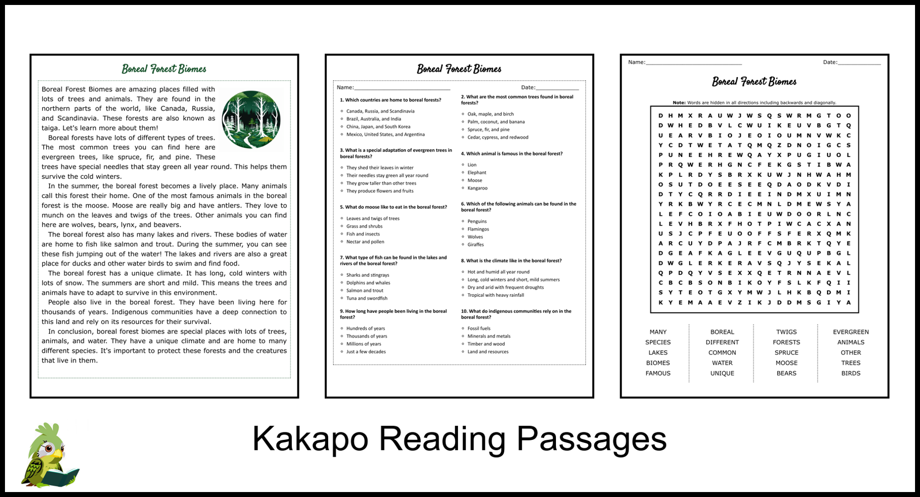 Boreal Forest Biomes Reading Comprehension and Word Search | Teaching ...