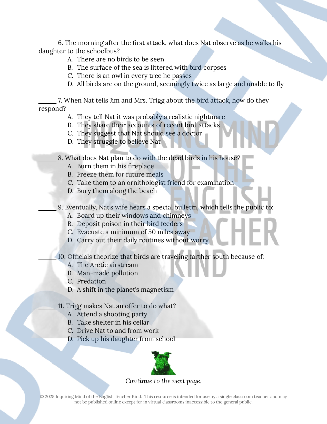 "The Birds" by Daphne du Maurier Quiz and Answer Key | Teaching Resources