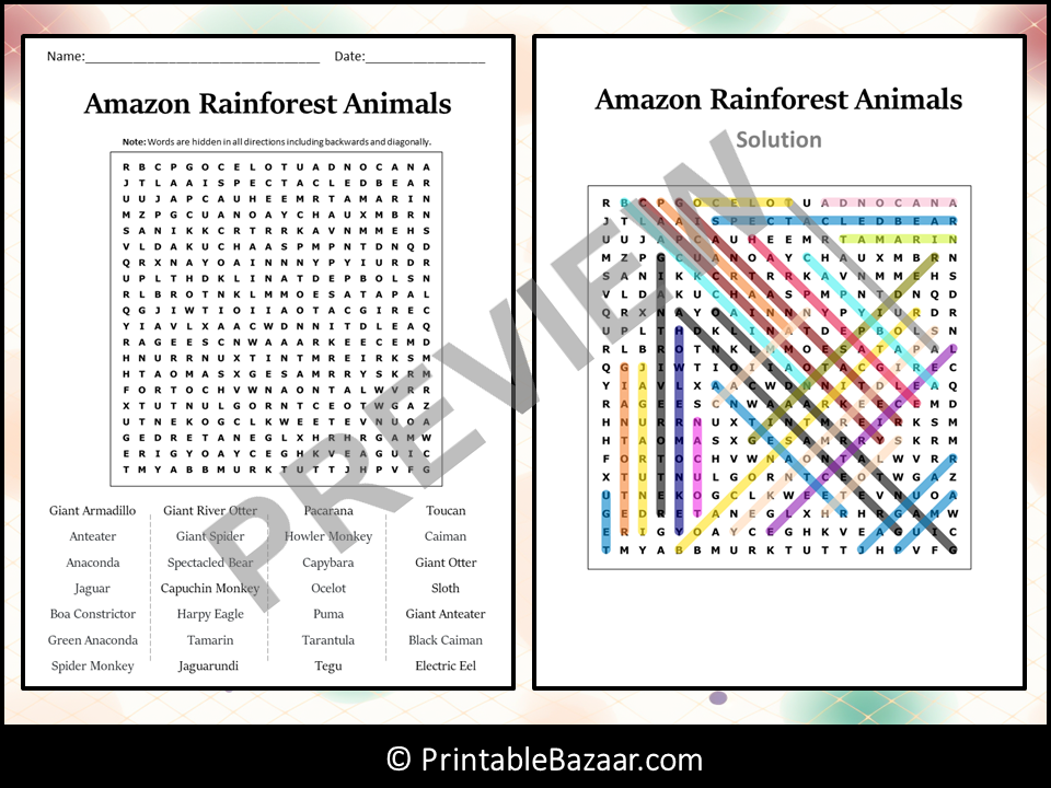 Amazon Rainforest Animals Word Search Puzzle Worksheet Activity | Teaching Resources