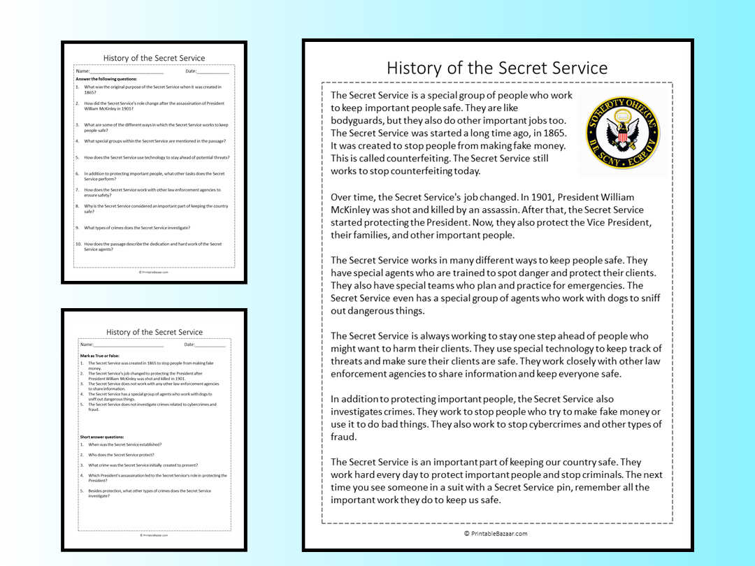 History of the Secret Service Reading Comprehension Passage Printable ...