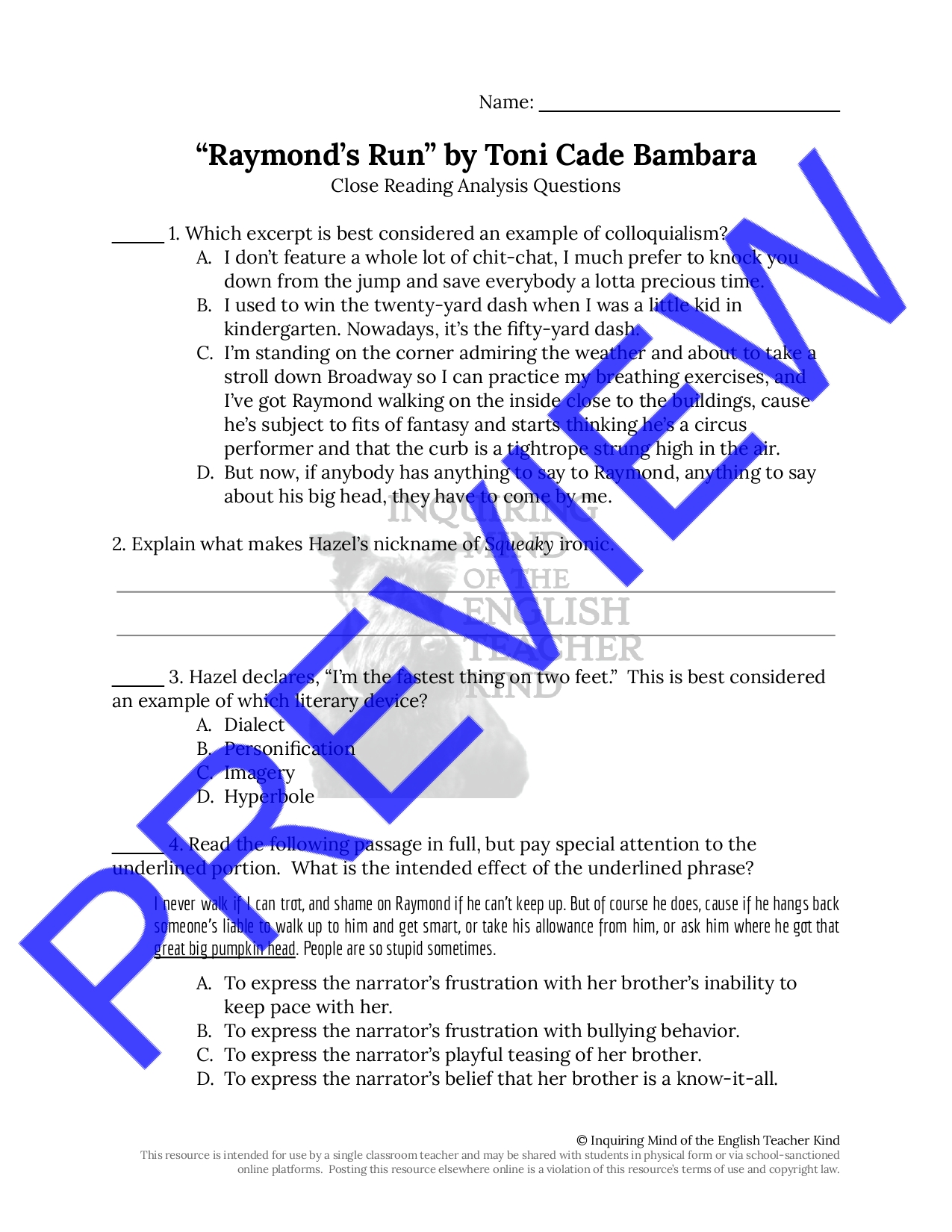 "Raymond's Run" by Toni Cade Bambara Printable Close Reading Analysis ...