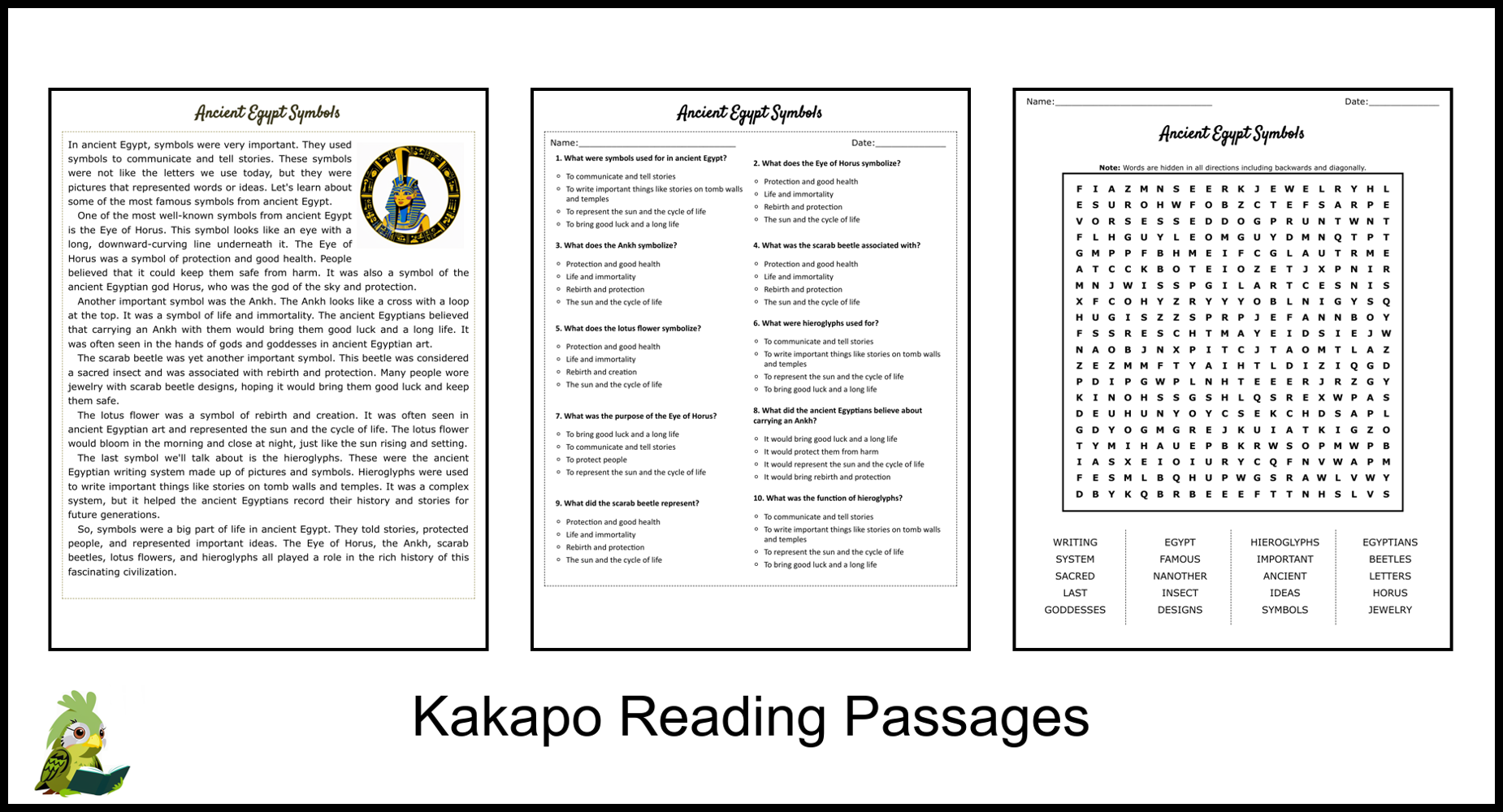 Ancient Egypt Symbols Reading Comprehension and Word Search | Teaching ...