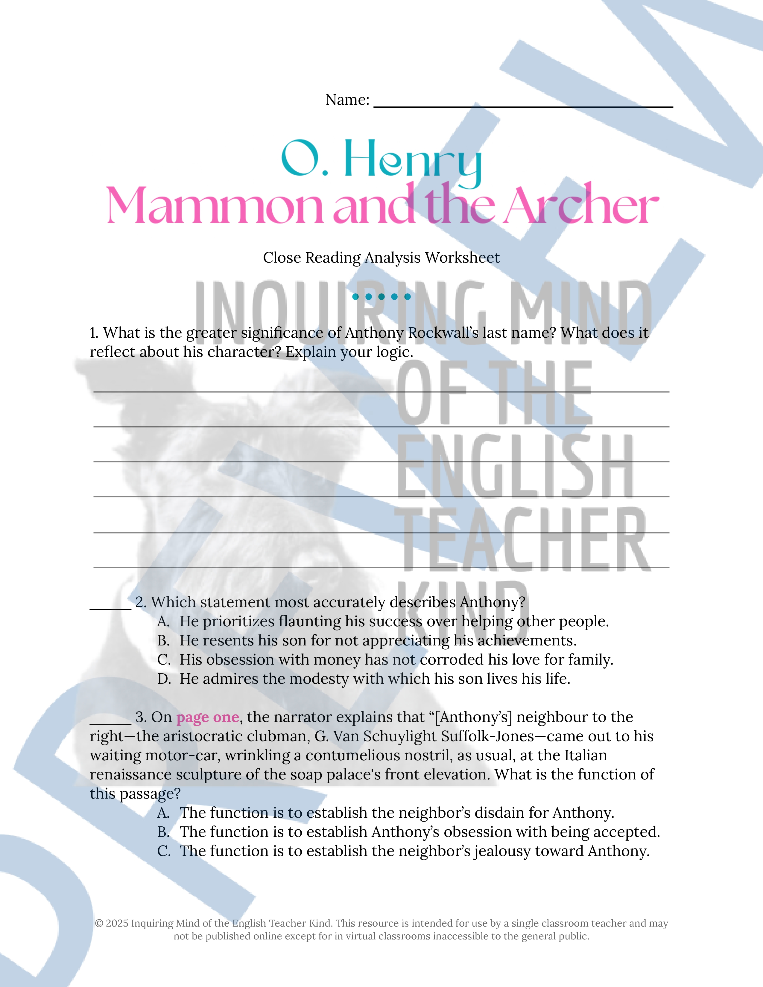"Mammon and the Archer" by O. Henry Analysis Worksheet | Valentine's ...