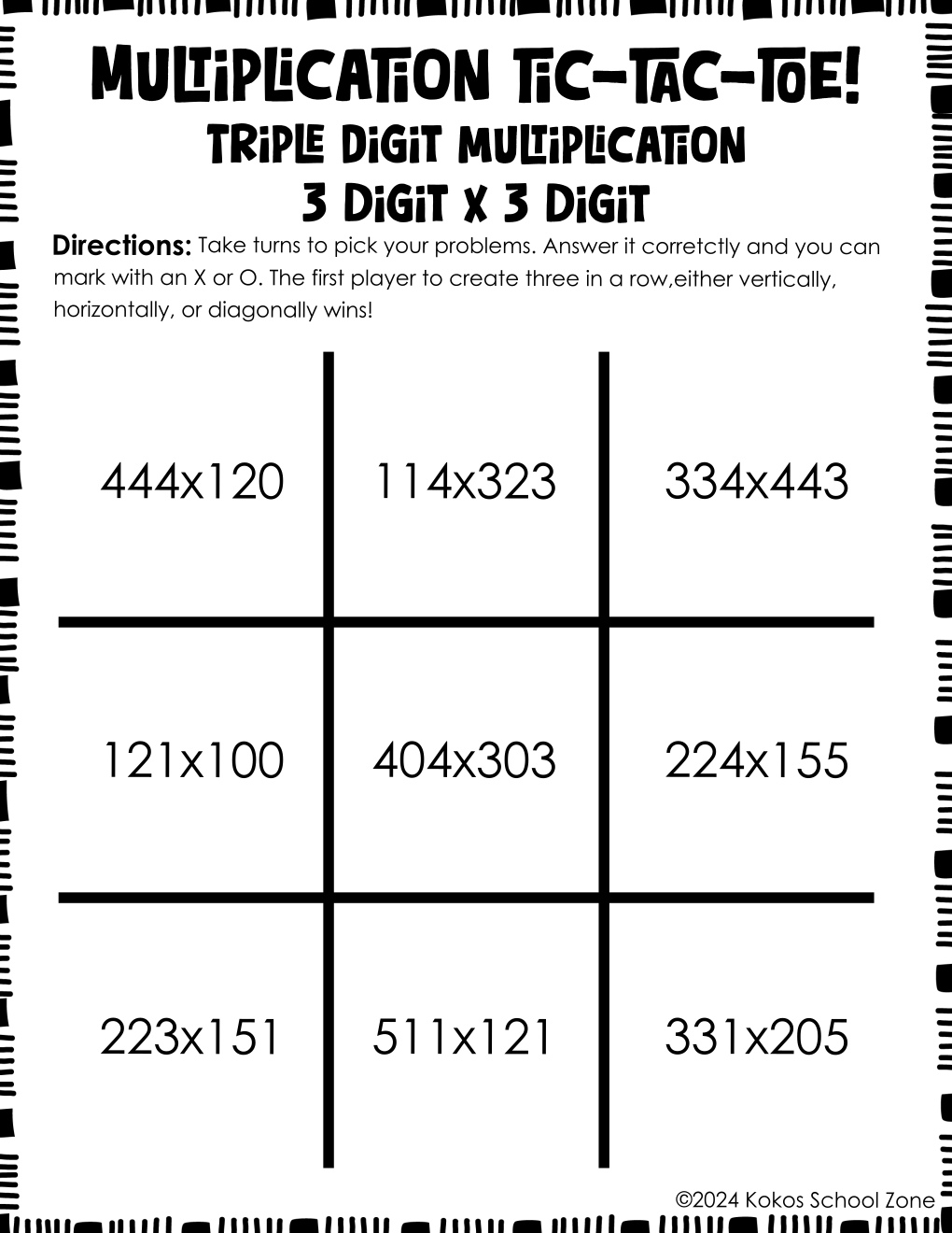 Tic Tac Toe Math Games for Triple Digit Multiplication - Printable ...