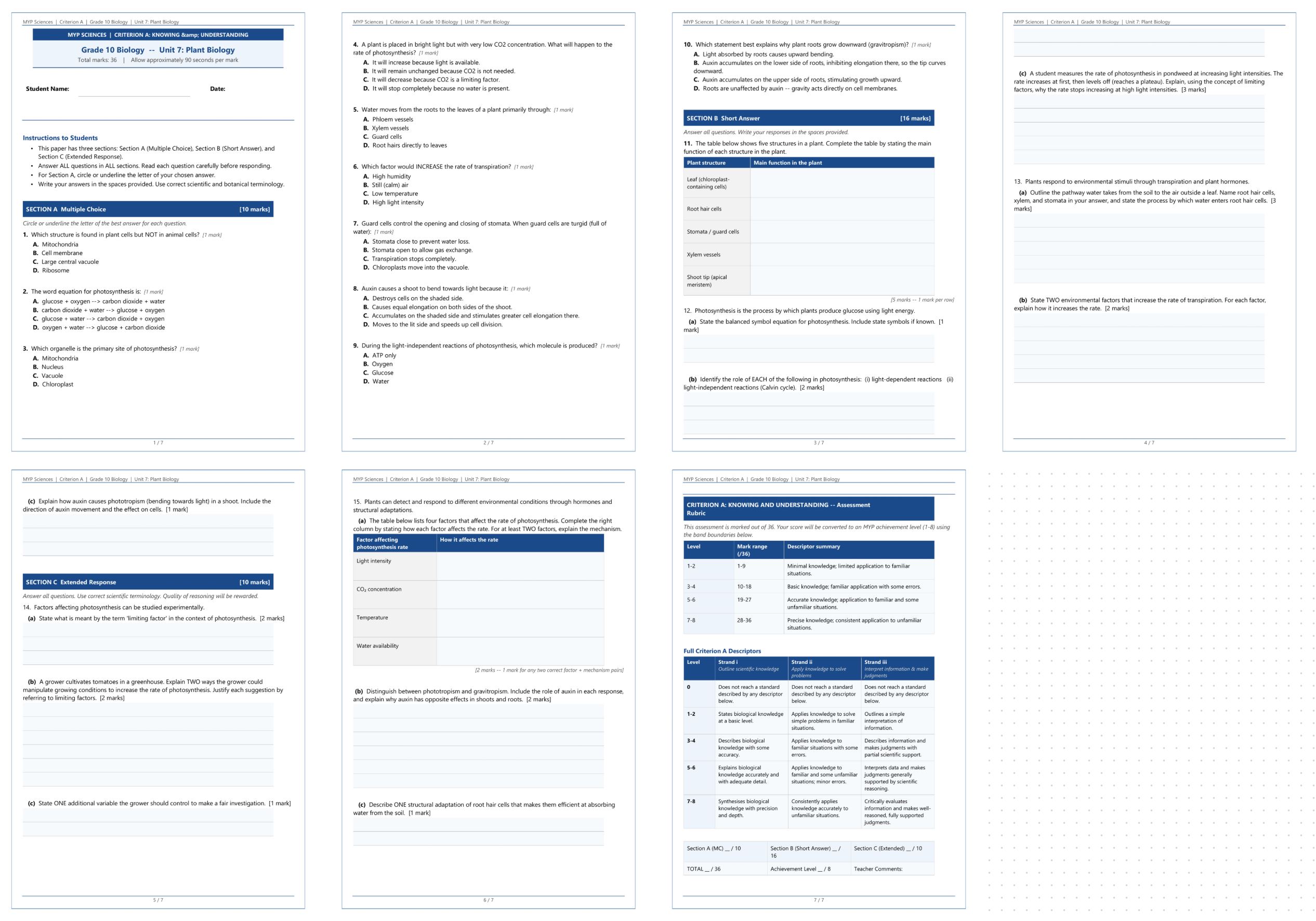 MYP Grade 10 Biology: Criterion A Exam - Plant Biology - 2026 ...