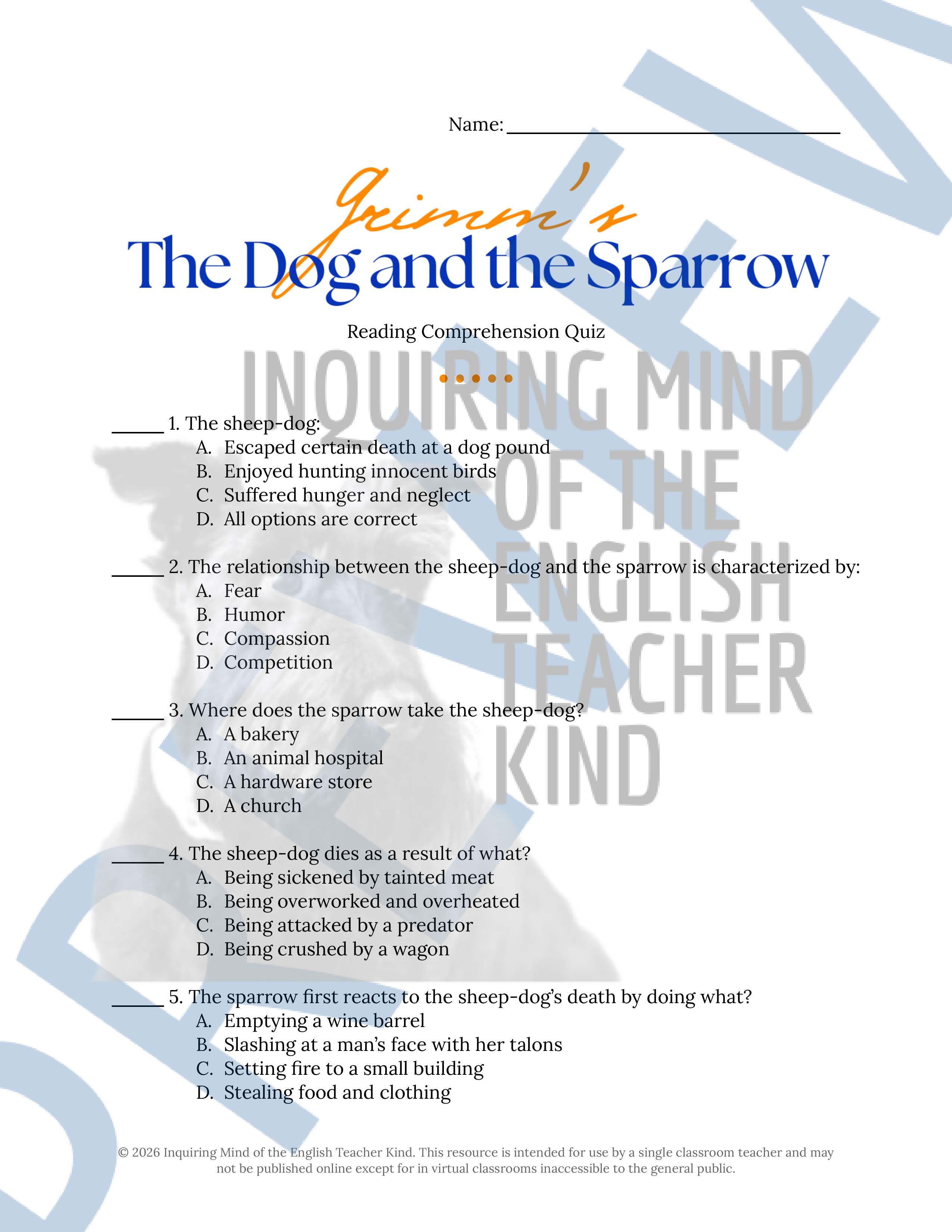 "The Dog and the Sparrow" by the Brothers Grimm Quiz and Answer Key ...