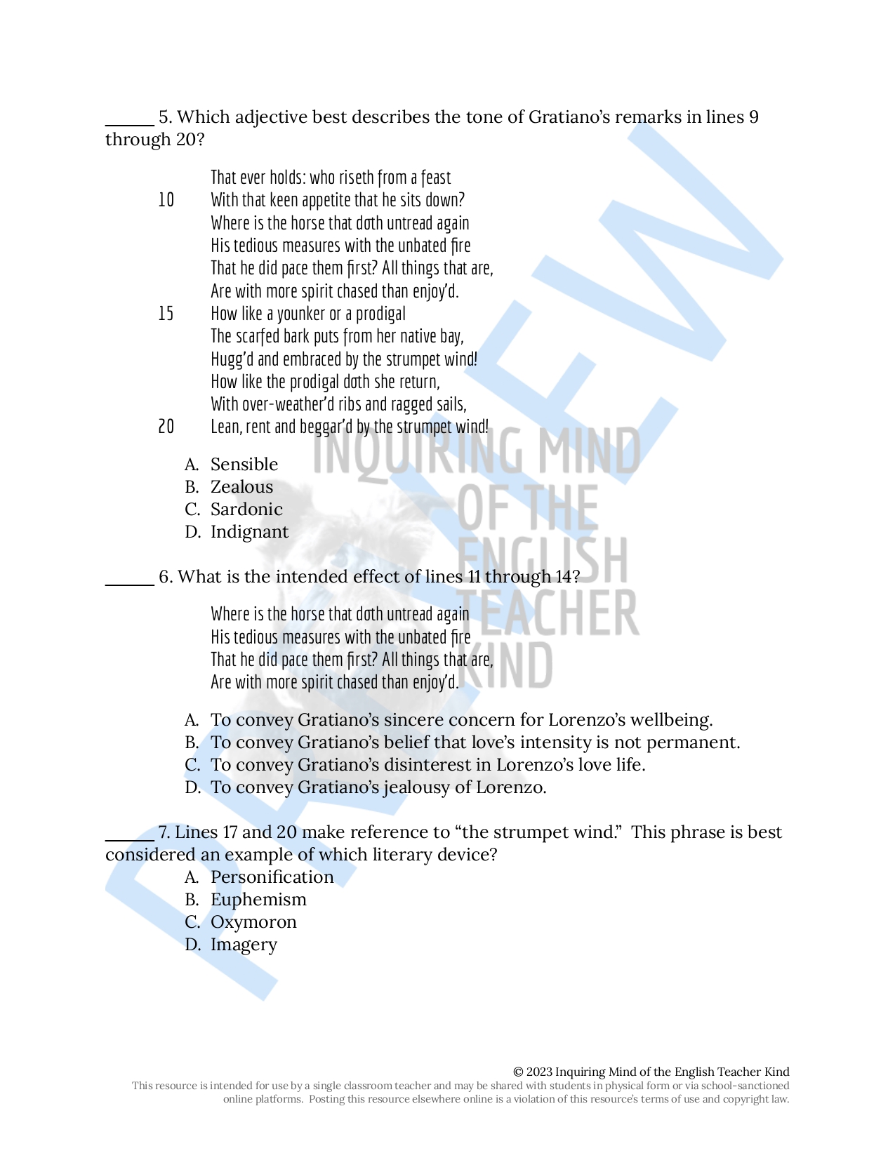 The Merchant of Venice Act 2 Scene 6 Close Reading Analysis Activity | Teaching Resources