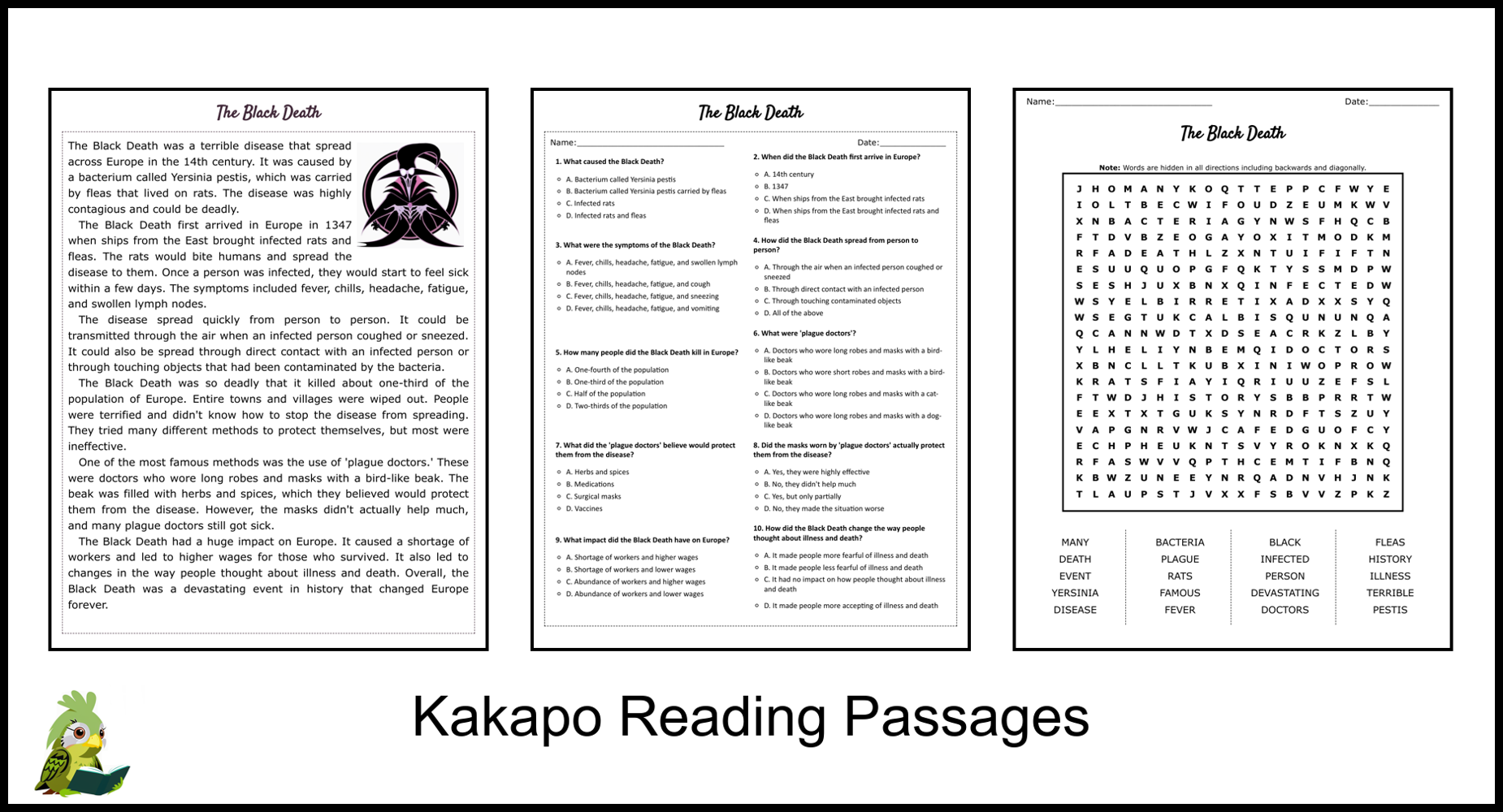 The Black Death Reading Comprehension and Word Search | Teaching Resources