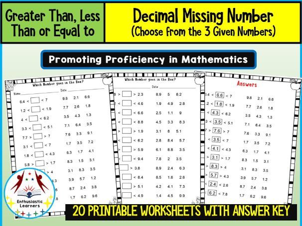 Greater Than, Less Than – Decimal Missing Number (Choose from the 3 ...