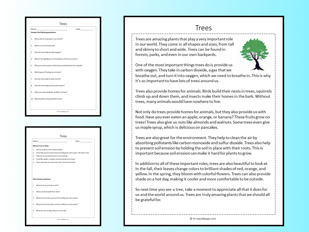 Trees Reading Comprehension Passage Printable Worksheet | Teaching ...