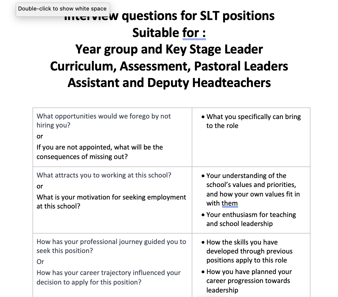 Example interview questions for SLT positions | Teaching Resources