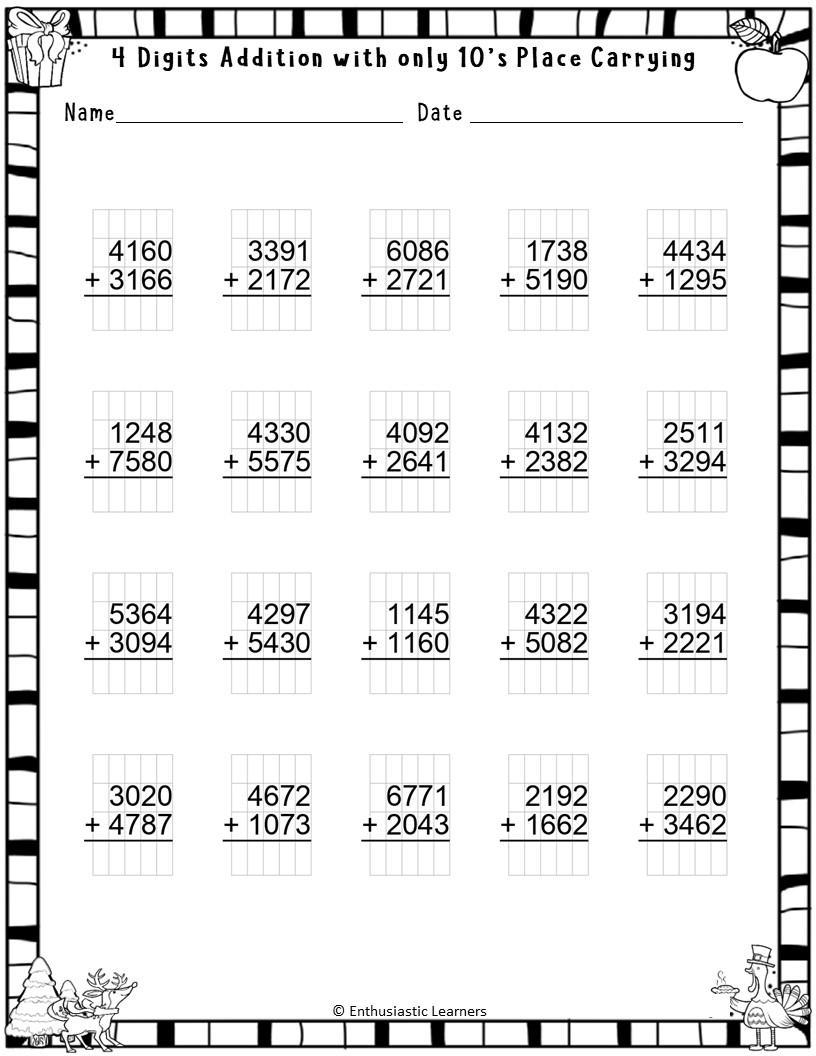 4-Digit Addition with Ten’s Place Carrying (Regrouping) Worksheets ...