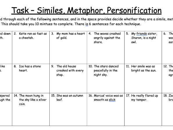 Similes, Metaphor & Personification Worksheet | Teaching Resources