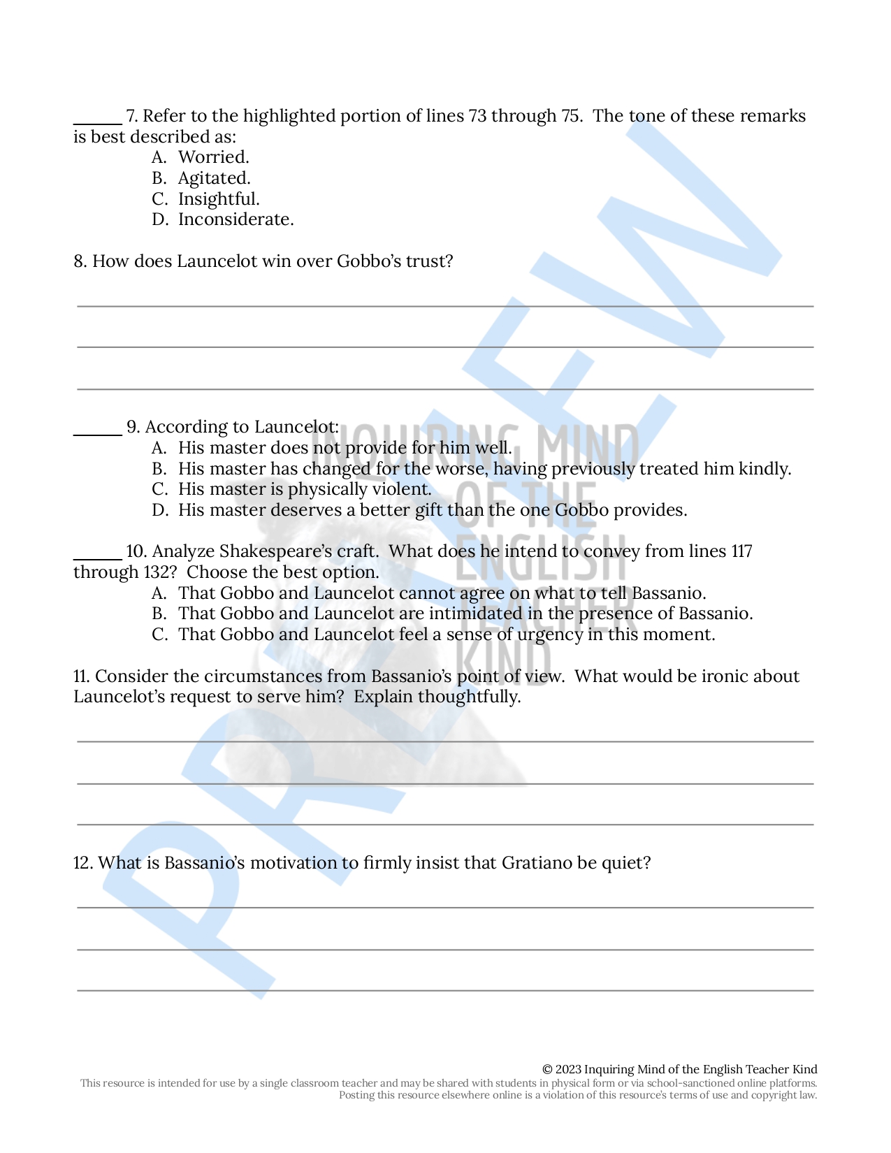 The Merchant of Venice Act 2 Scene 2 Close Reading Analysis Activity ...