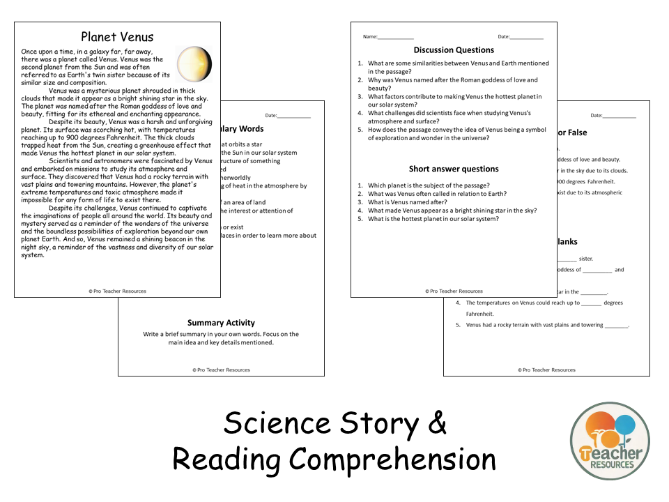 Planet Venus Reading Science Story Comprehension Questions Worksheet ...