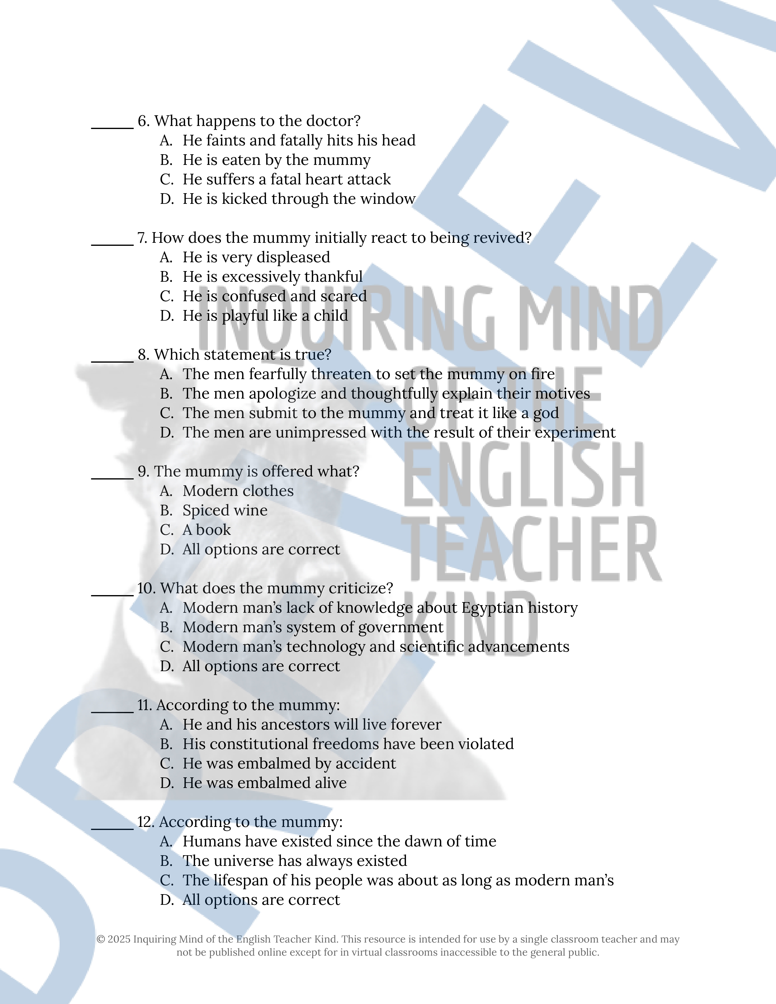 "Some Words with a Mummy" by Edgar Allan Poe Quiz and Answer Key ...