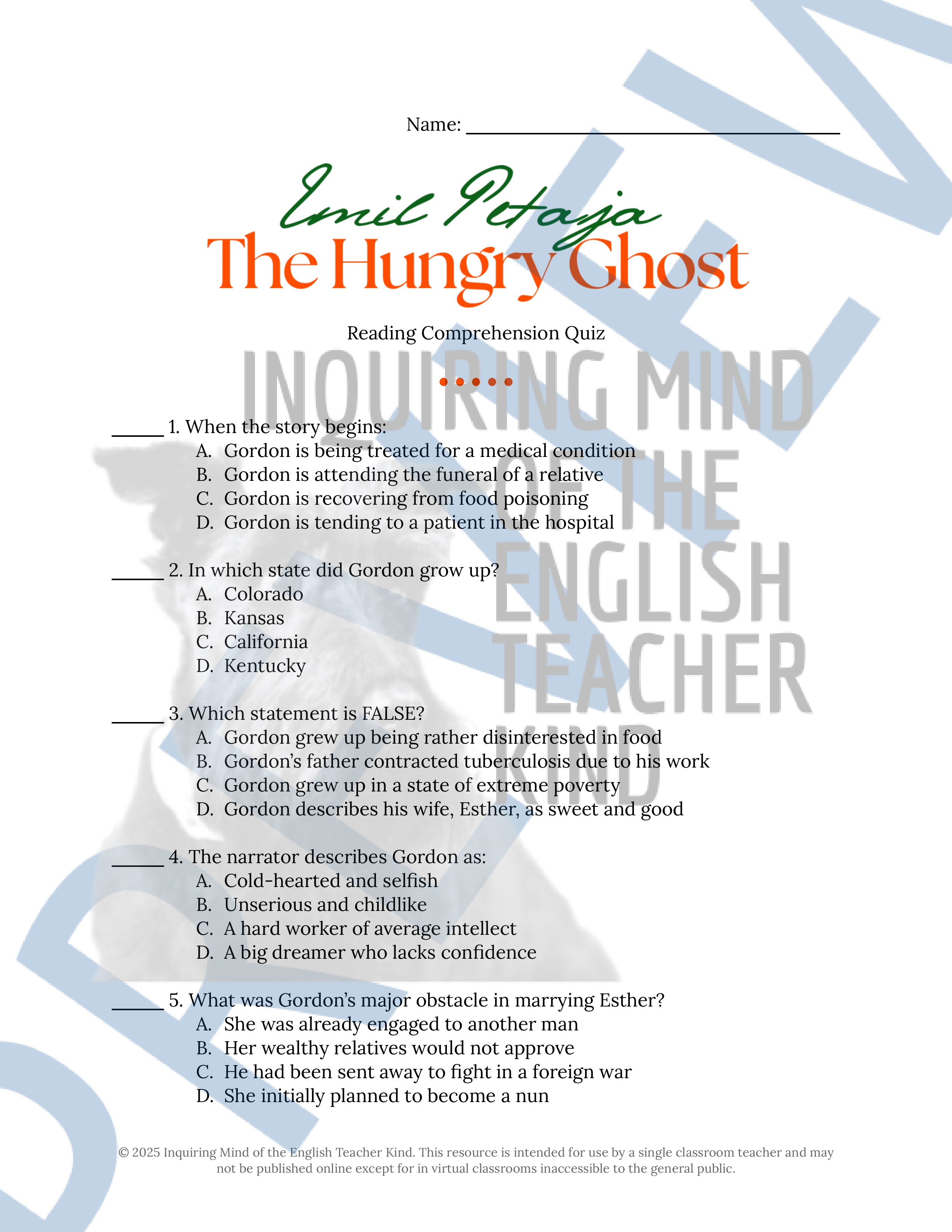 "The Hungry Ghost" by Emil Petaja Quiz and Answer Key (Halloween Horror ...