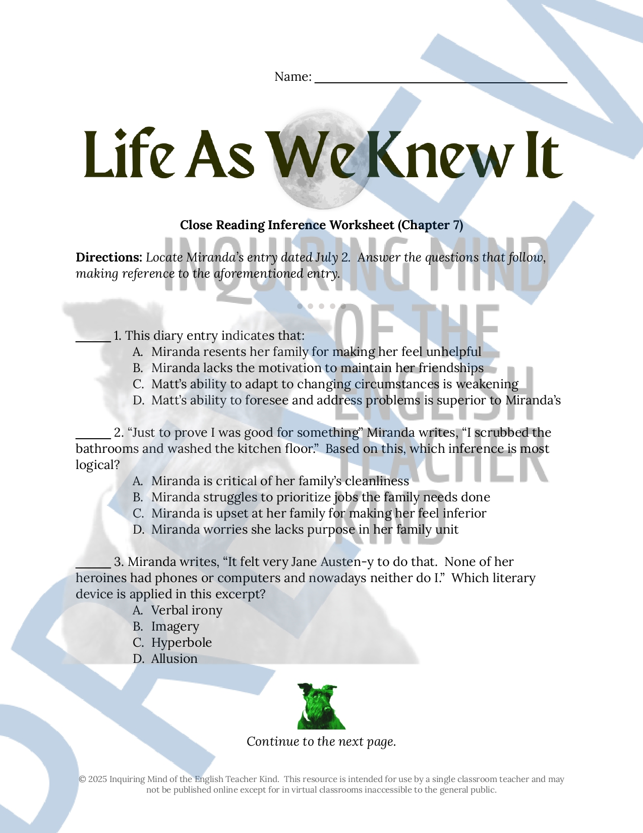 Life As We Knew It Chapter 7 Close Reading Inference Worksheet and ...